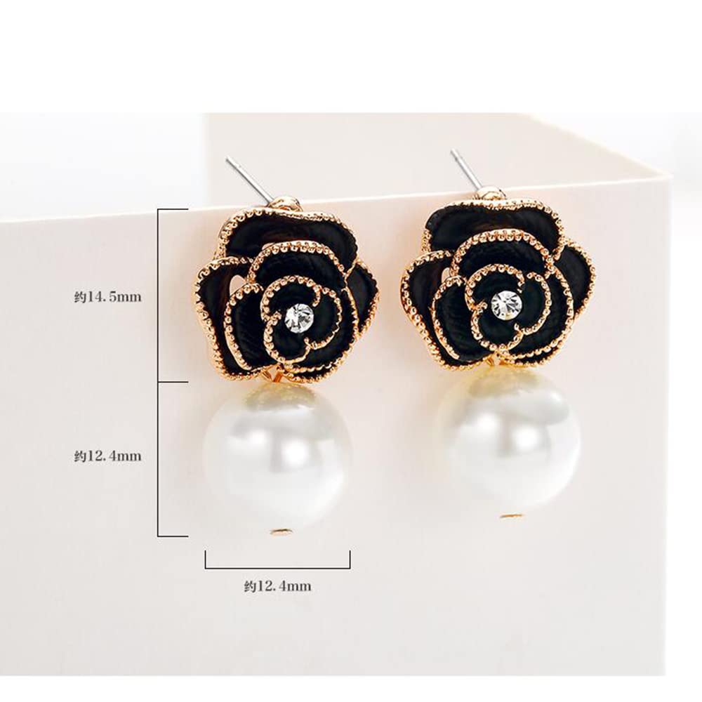 Imitation Pearl Rose Charm Dangle Stud Earrings for women (Black)