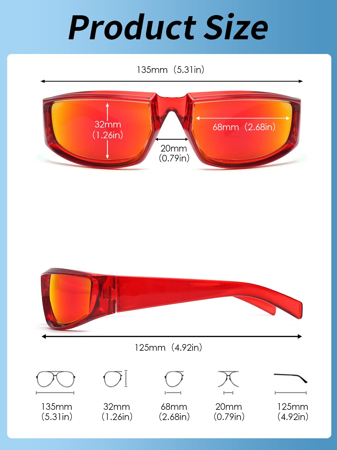 JM Wrap Around Y2K Sunglasses for Men Women Trendy Rectangle Futuristic Sports Shades Red/Red