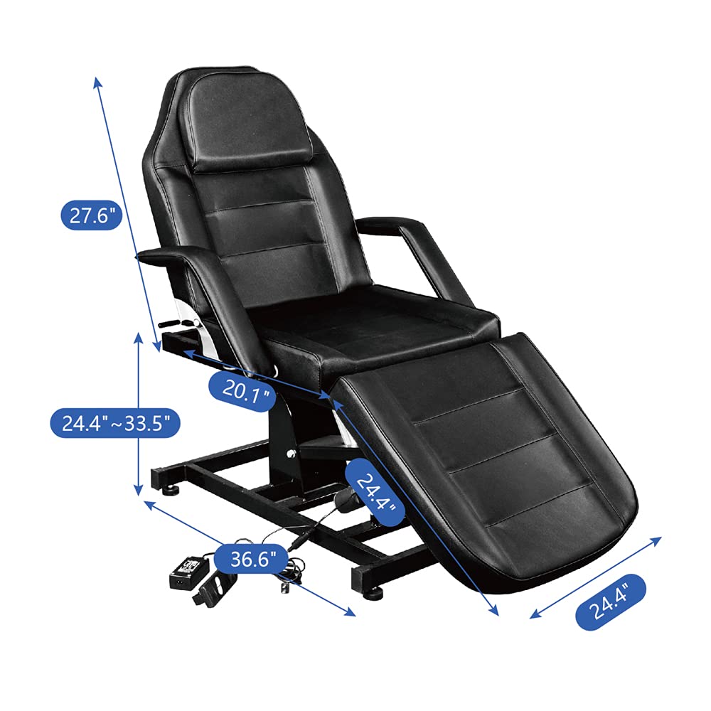 MENGK 72in 3-Section Spa Beauty Salon Tattoo Massage Bed with Motorized Reclinable Height Power Lift & Stool Black