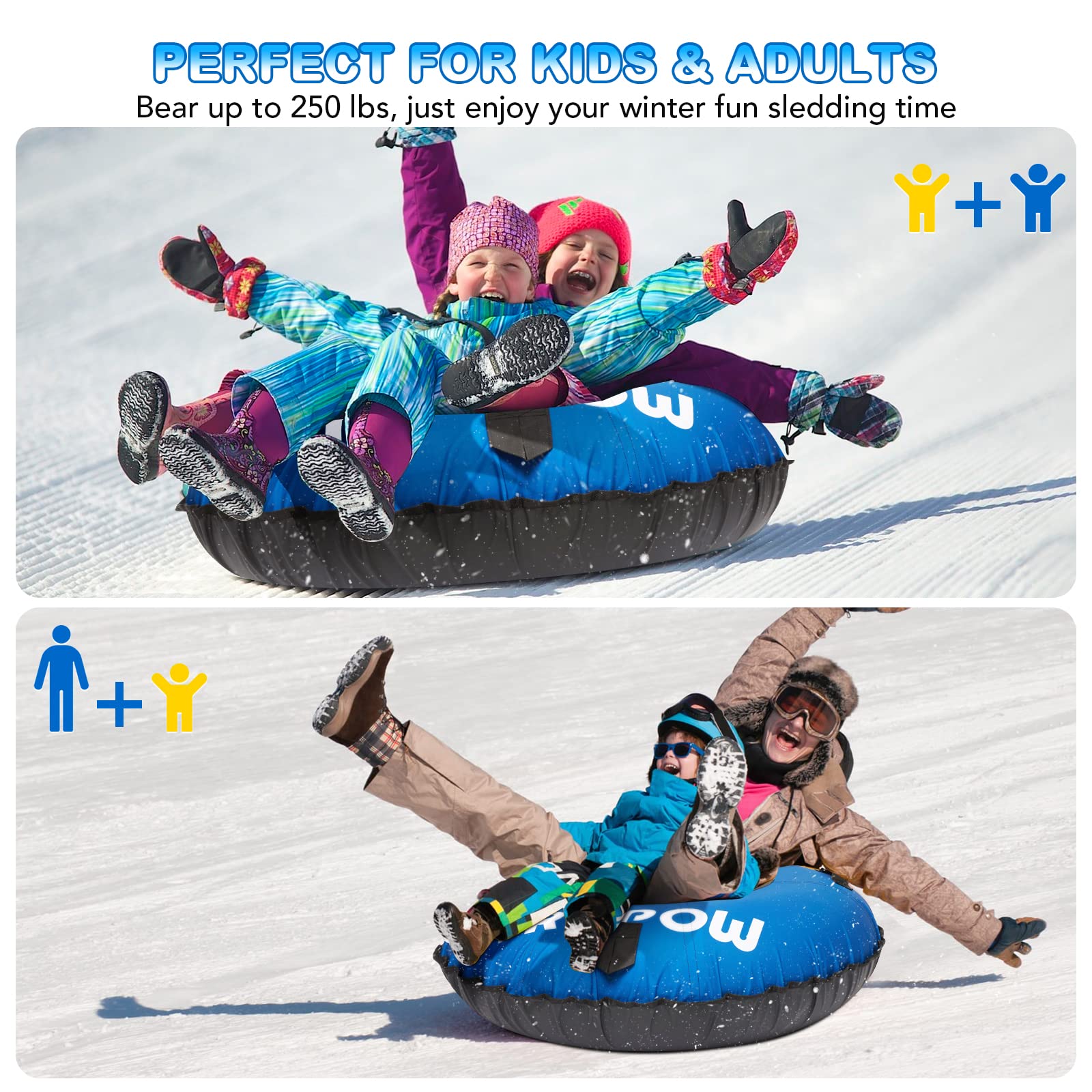 Heavy Duty Snow Tube,Inflatable 44 Inch Snow Sledding Tube, 600D Canvas Cover and Smooth Bottom with Rubber Pull Ring and Canvas Handles for Adults and Kids-Blue