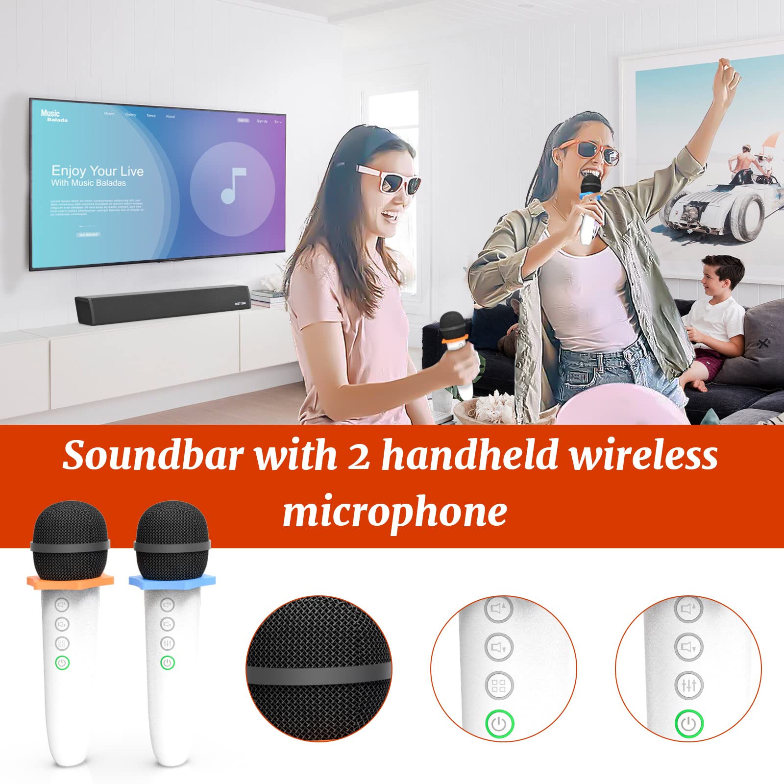 Karaoke Bestisan Soundbar for TV with 2 Wireless Microphones for Adults and Kids, Supports Bluetooth, Optical, Aux, Coax for Party, Remote Control