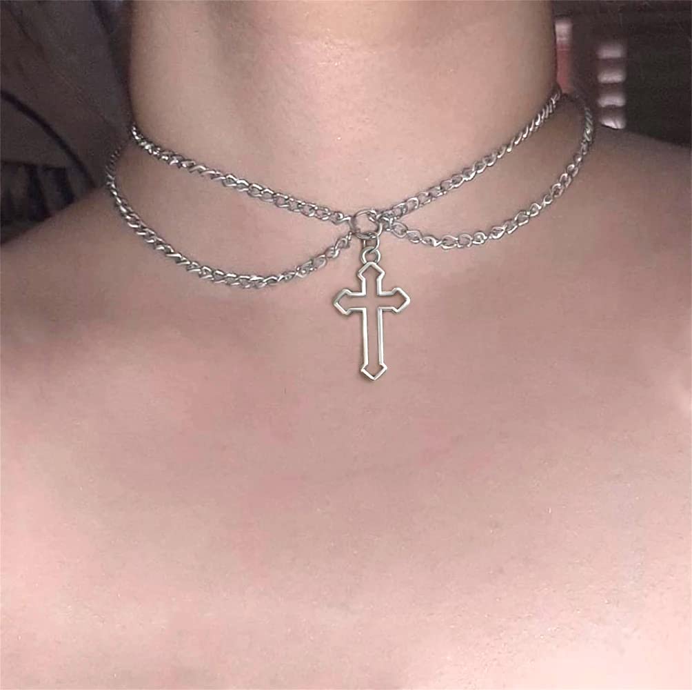 HMIXN Layered Choker Cross Necklace Silver Chain Simple Punk Cross Pendant Gothic Collar Handmade Statement Chunky Chains Necklaces for Women