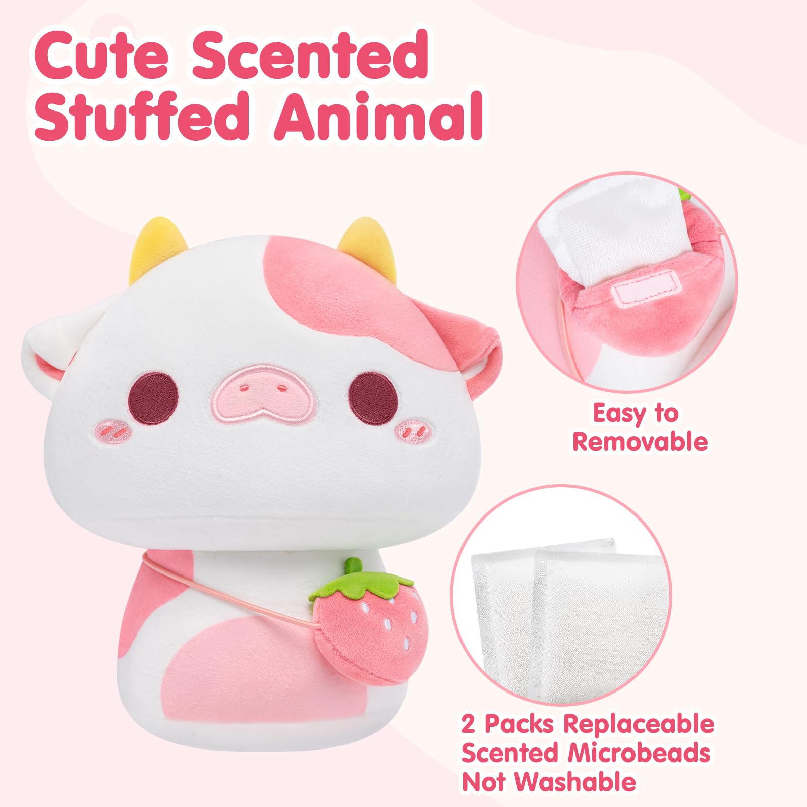 Mewaii Scented Stuffed Animal, Cute Strawberry Cow Plush with Sweet Strawberry Scented Microbeads, Pink Strawberry Plush Toy for Hugging Plush & Decor Pillow