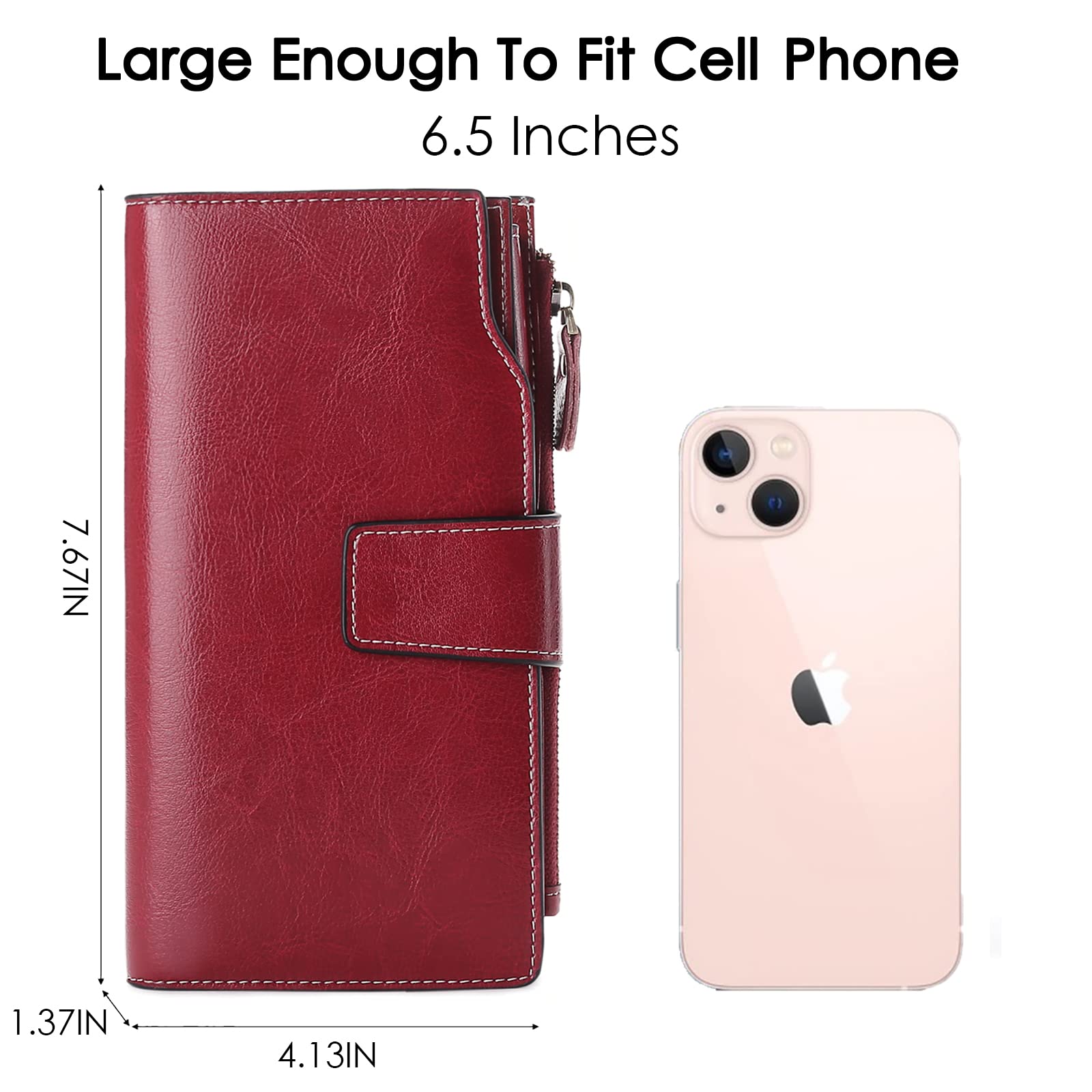 KELEEL Women Wallet RFID Blocking Large Capacity Genuine Leather Purse with ID Window Card Holder Organizer Zipper Pocket Clutch (Wine Red)