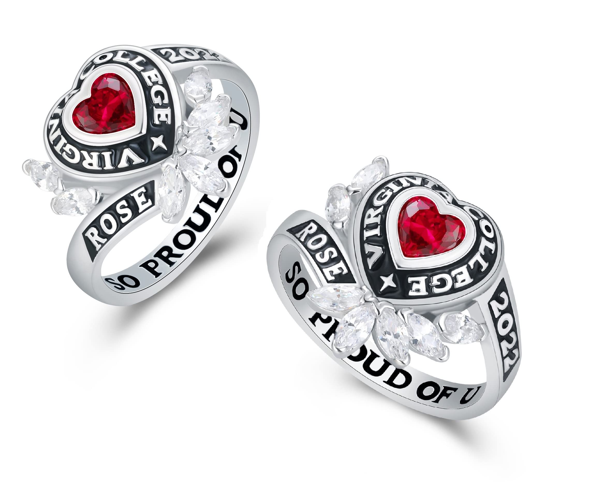 JNJ Women's Class Ring, personalized for high school and college graduates, Sterling Silver, Birthstone, Original design, Heart collection-Jour Nouveau Jewelry (Platinum)