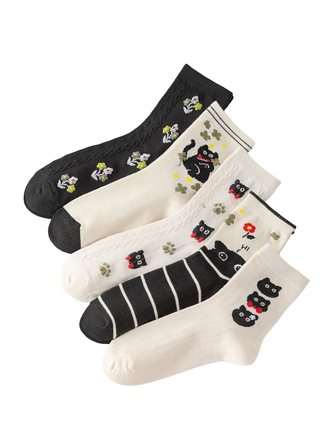 OYOANGLE Women's 5Pairs Strawberry Print Crew Socks Soft Comfy Socks Black White one-size