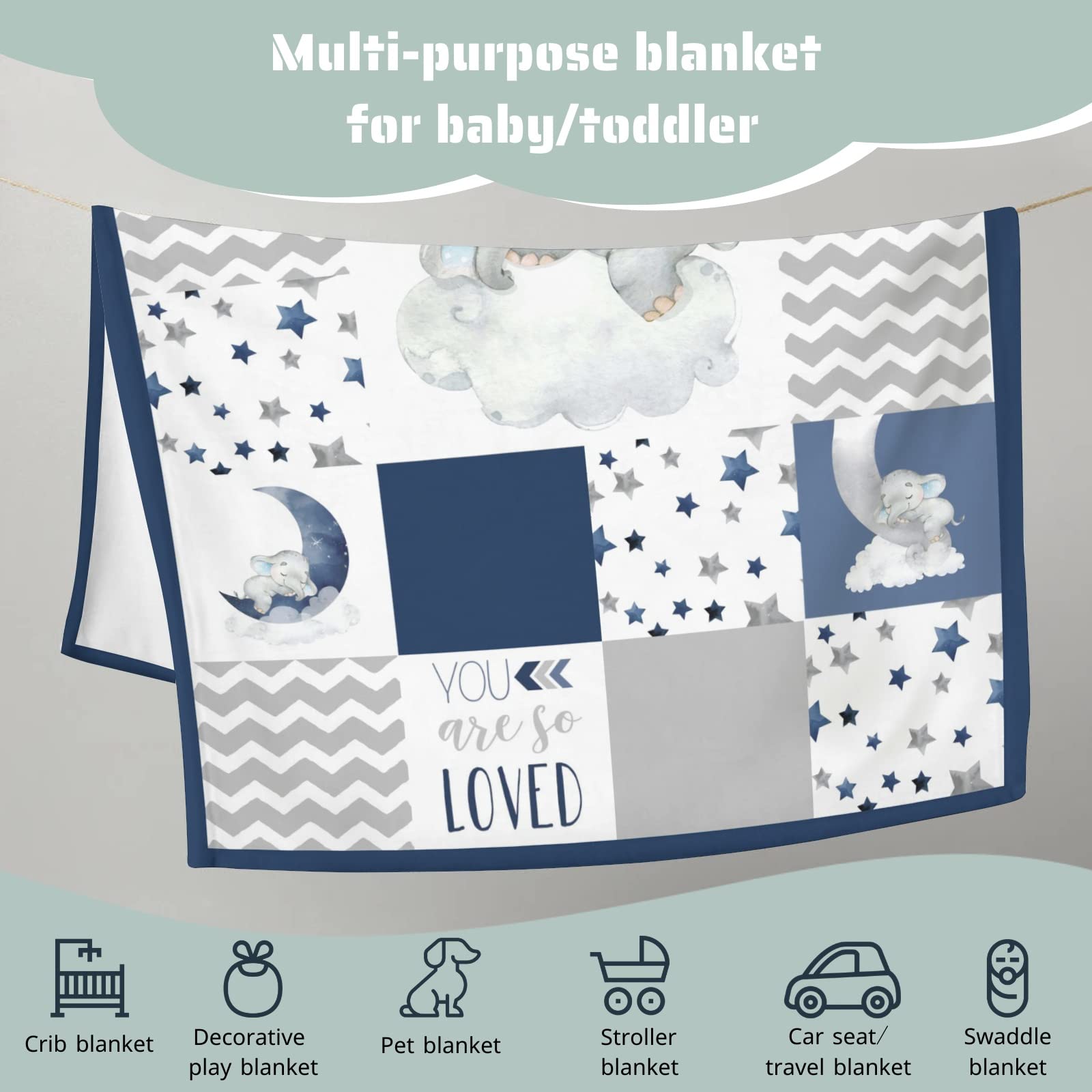 HawSkgFub Sleeping Elephant Star Baby Blanket Boys Gift Navy Blue, Dream Big Little One You Are So Loved Patchwork Flannel Fleece Nursery Bed Blankets, Soft Newborn Infant Toddler Crib Bedding 30 x 40