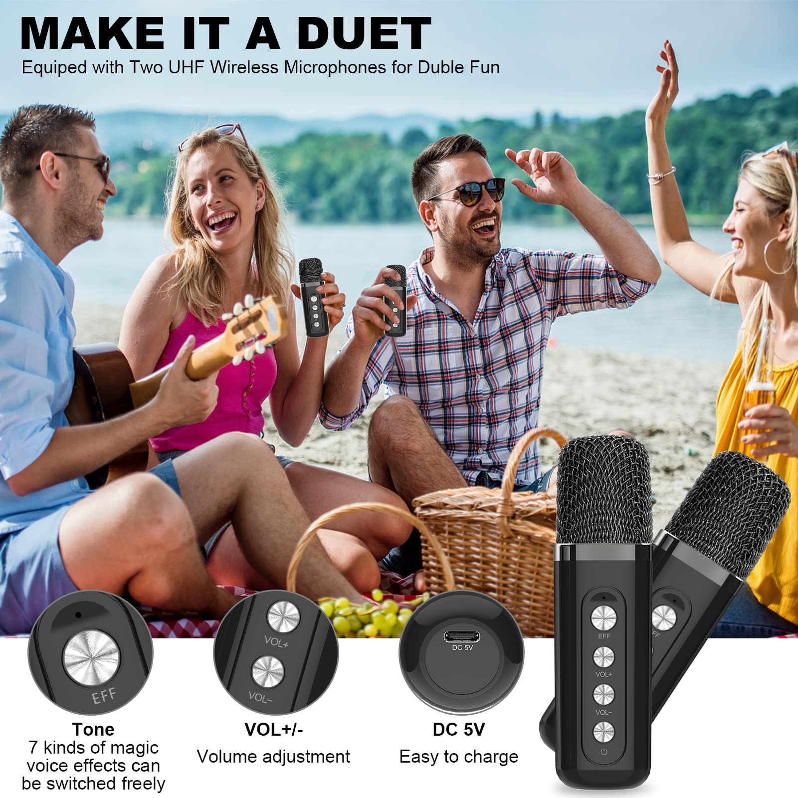 Karaoke Machine with 2 UHF Wireless Microphones for Adults/Kids, WZJP Portable Karaoke Bluetooth PA Speaker System with Echo, Vocal Cut, for Parties