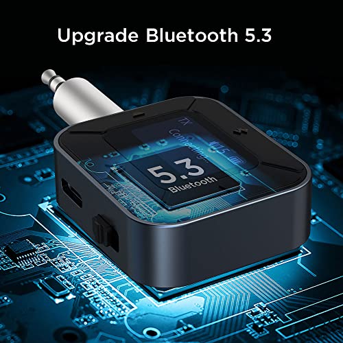 ifofo Bluetooth Transmitter Receiver 2-in-1 Bluetooth Car Adapter with 3.5mm Aux Dual Devices Link Rechargeable Handsfree Calls, Wireless Audio Transmitter for TV Car Headphone Airplane Home Stereo