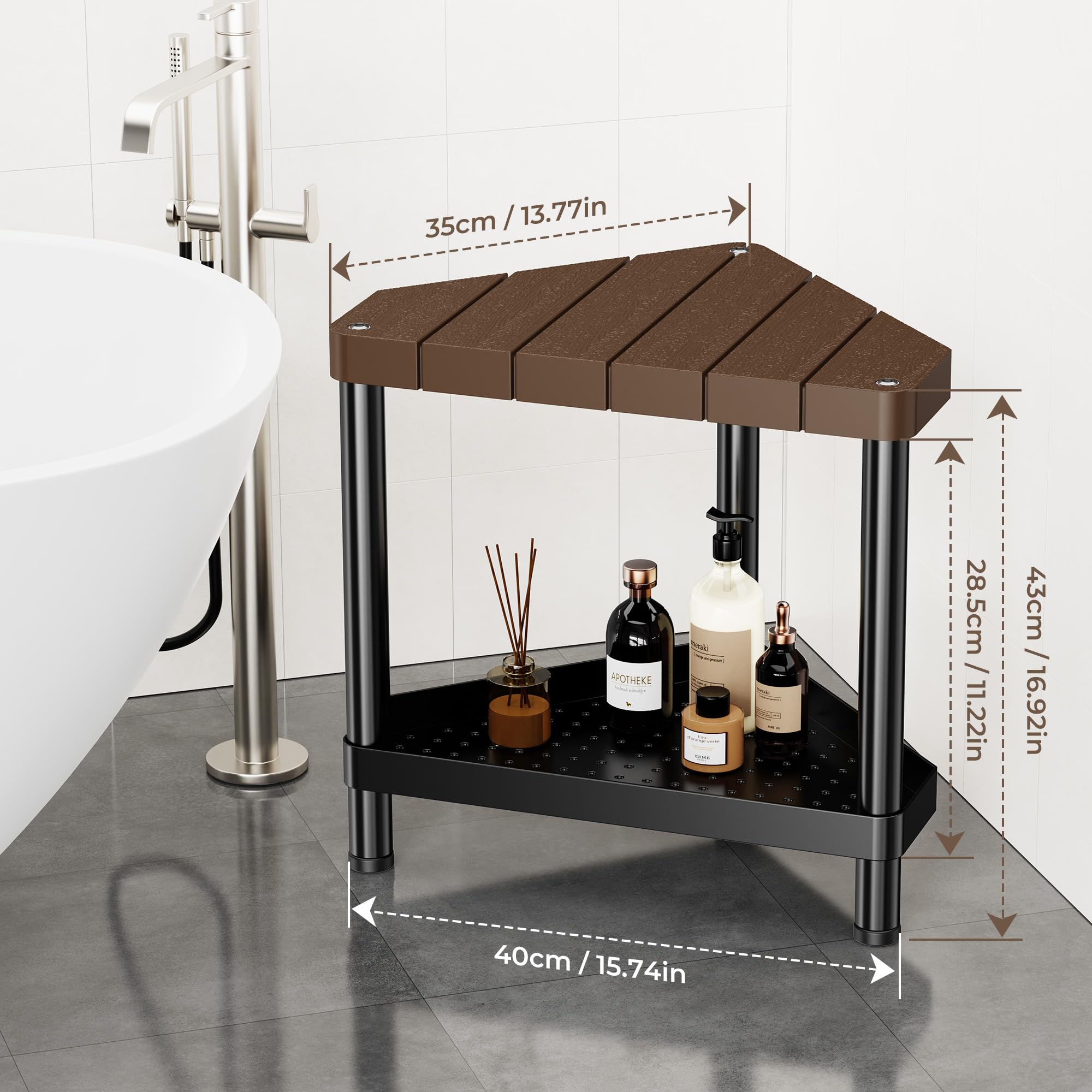 Orimade Corner Shower Bench Inside Shower Stool for Shaving Legs with Storage Shelf, Waterproof Shower Foot Rest Chair, Rustproof Metal & Plastic Shower Seat Organizer for Bathroom(Bronze)