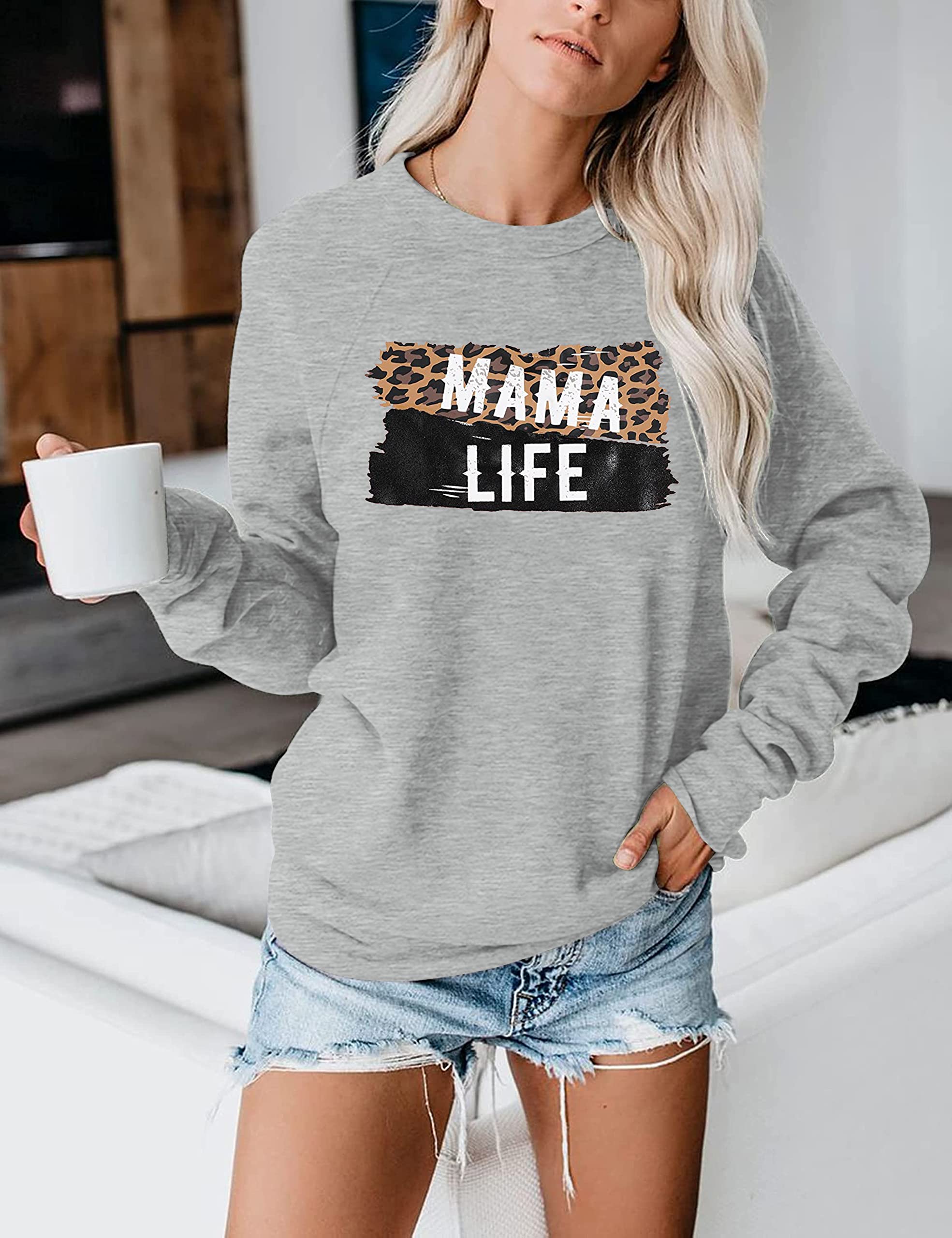 JINTING Mama Life Sweatshirt Women Leopard Mom Saying Top Tee Mother Gift Lightweight Pullover Long Sleeve Blouse