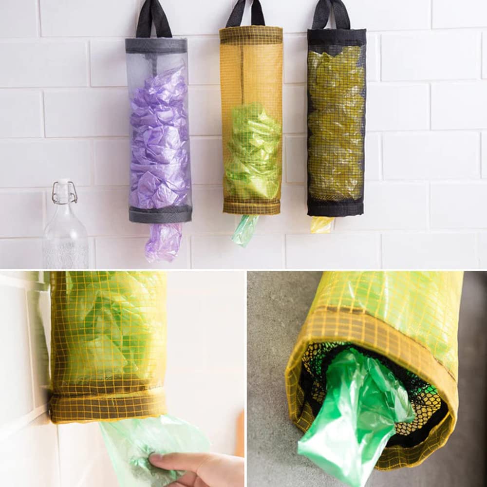 IUAIU Mesh Hanging Storage Dispenser, 3Pcs Plastic Bag Holder Breathable Mesh Hanging Storage Dispensers, Bag Holder for Plastic Bags, Foldable Breathable Storage Bag with Hook (Black-3pcs)