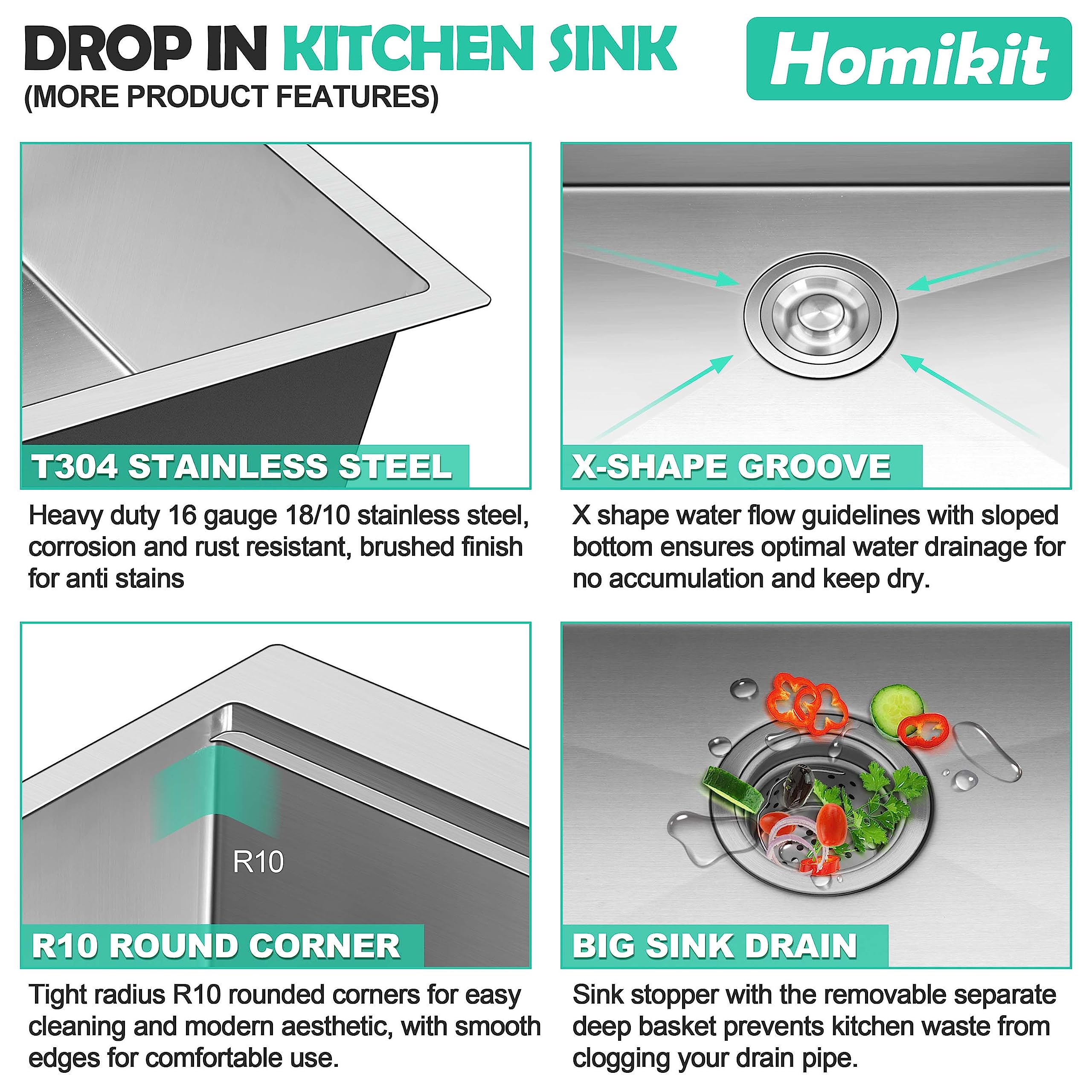 Homikit 33 x22 Inch Kitchen Sink with Soap Dispenser, 16 Gauge Stainless Steel Topmount Drop In Kitchen Sinks Single Bowl 2-Hole R10 Corner, 10" Deep Large Farmhouse Workstation Sink with Accessories