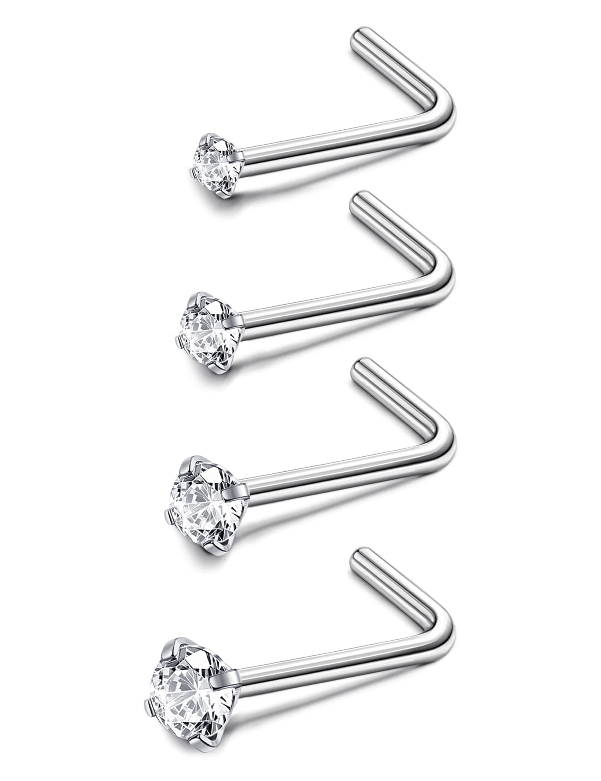 IRONBOX 20G Titanium Nose Ring Studs for Women Men Square Round CZ Nose Stud L Shape Screw Nose Rings Nostril Piercing Jewelry