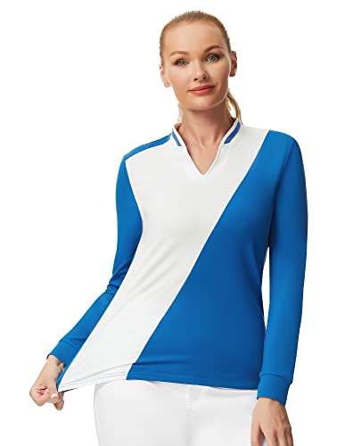 JACK SMITH Long Sleeve Tennis Shirts for Women Athletic Golf Apparel UPF 50+ Sun Protection T-Shirts Quick Dry (Blue&White S)