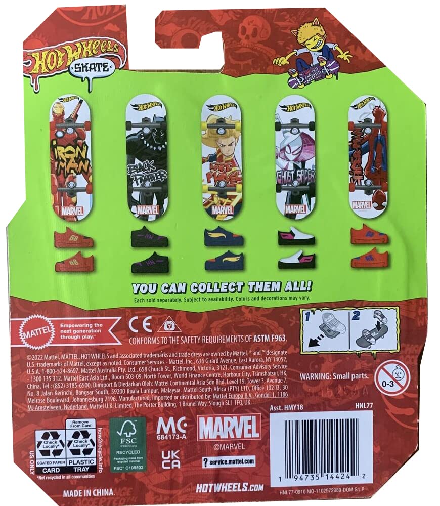Hot Wheels Spider-Web Skate Hero Bundled with Spider-Man Spidey Senses Tingling Finger Skateboard Deck + Marvel Stickers! + Blind Capsule Mini Fun & Road Tape + Team Pencil 4-Items