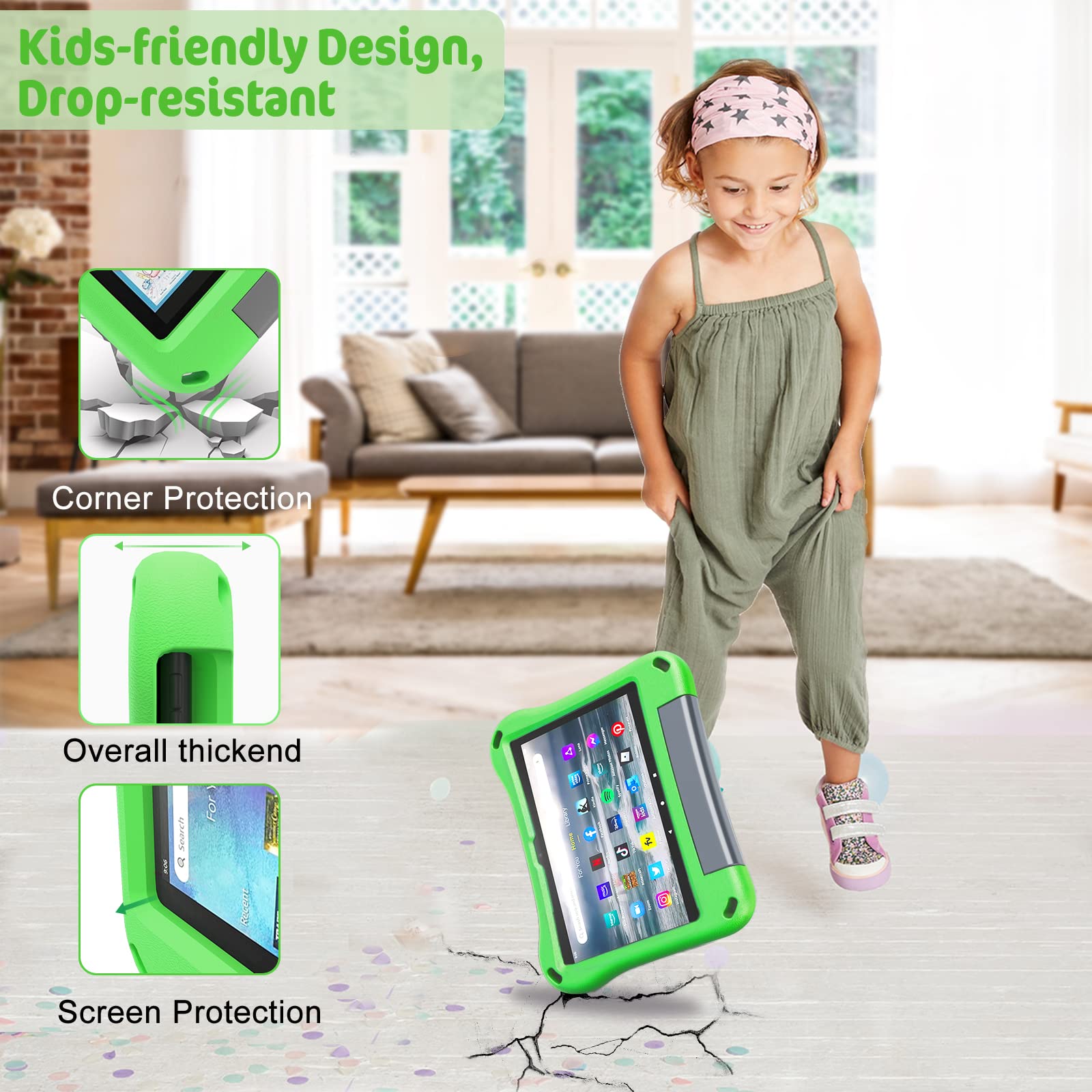 Kids-Proof 8 inch Tablet Case, Tablet 8 Kids Case(Only for 2022 Release, 12th Generation&2020 Release, 10th Generation)-Auorld Light-Weight Kids-Proof Case with Stand for Tablet 8-Green