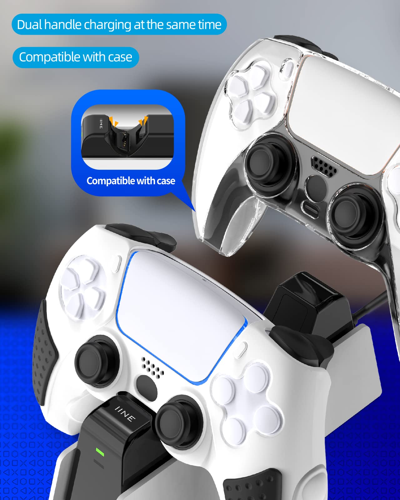 IINE Charging Dock for PS5 Controller Dual Controllers Charger Station,The Controller Can be Charged with Protective Case,White