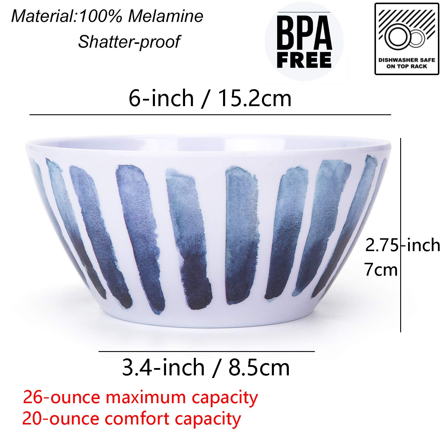 KX-WARE Blue Stripe Melamine Bowls, 6-inch 100% Melamine Cereal/Soup/Salad Bowls, set of 6