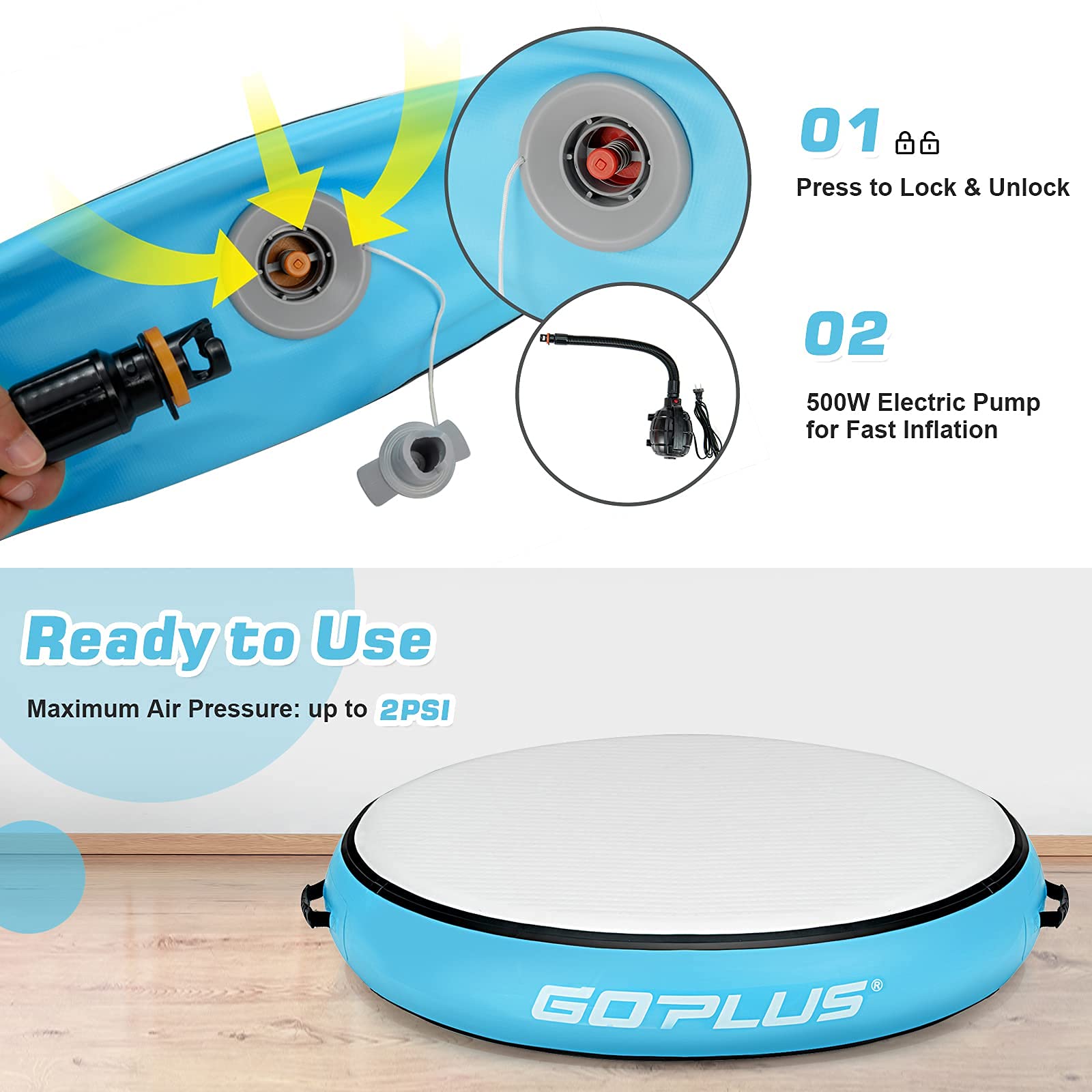 Goplus Inflatable Round Gymnastic Mat, 8” Thick Air Roller Tumbling Exercise Training Mat with Electric Air Pump, Waterproof Durable Air Spot Air Mat Set Yoga Floor Mat for Home Gym School (Blue)