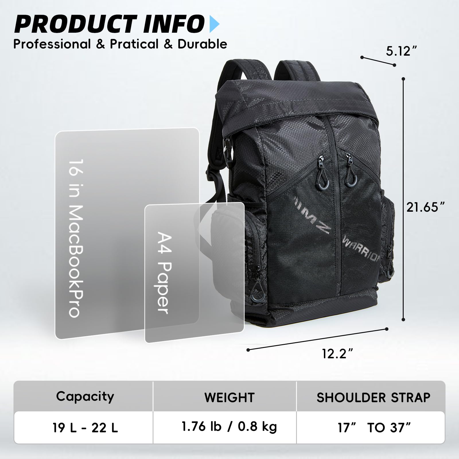 HIMZ WARRIOR Casual Laptop Backpack Lightweight Water Resistant Roll Top Bag 17 inch Computer Back Pack Travel Hiking (Black)…