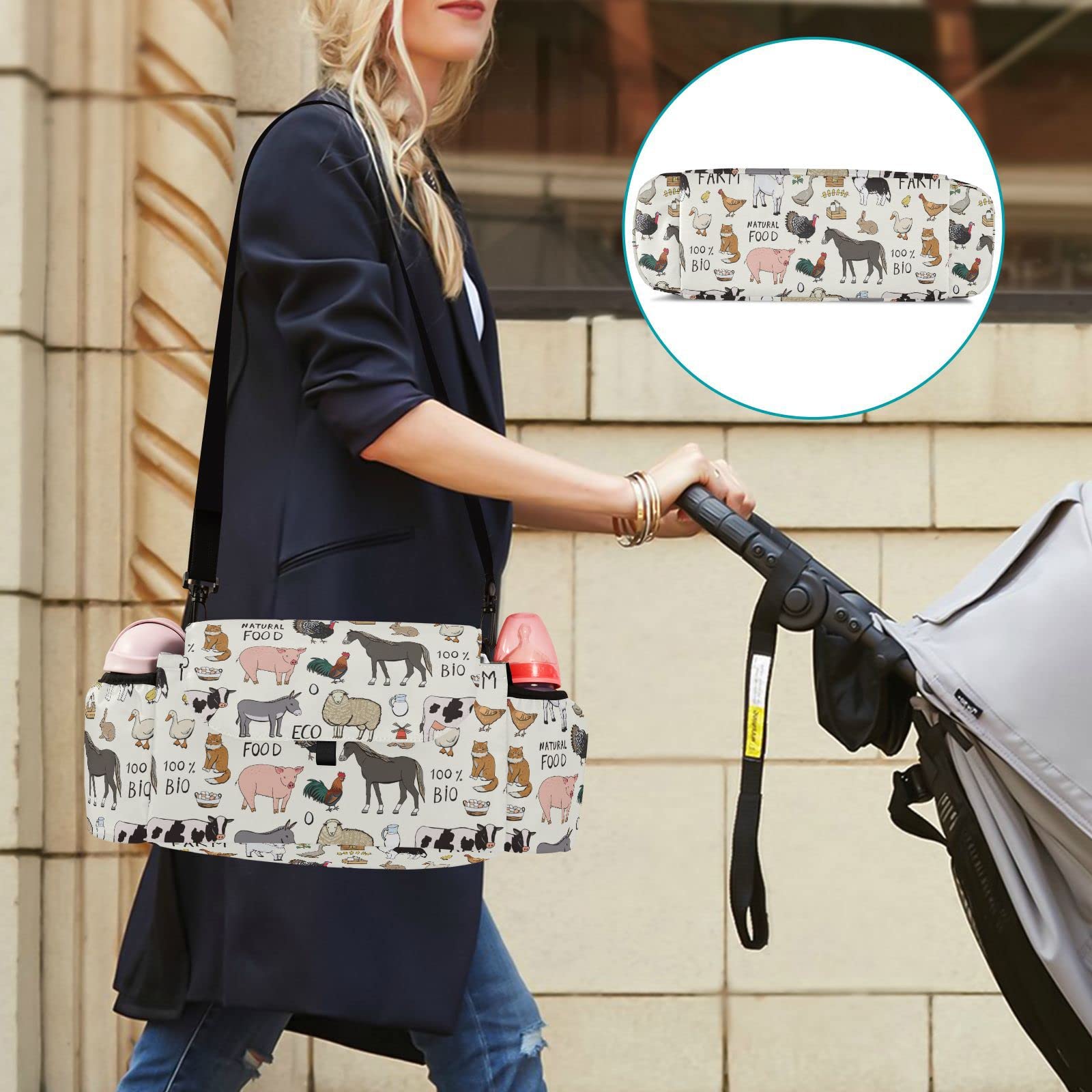 Kigai Farm Animals Baby Stroller Organizer with Cup Holders, Secure Hooks Accessories Adjustable Strap Stroller Bag for Bottle, Diaper, Phone, Toys, Baby Items
