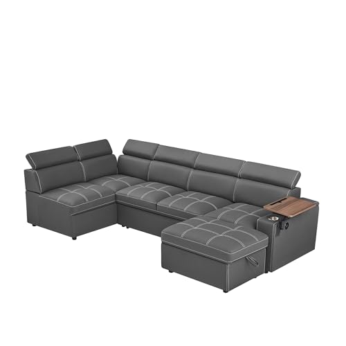 Microfiber Sectional Sleeper Sofa with Pull-Out Bed , 5 Seater Convertible L-Shaped Couch with Adjustable Headrest , Storage Armrest , Ottoman ,Cupholder ,360° Rotated Table ,USB Ports for Living Room