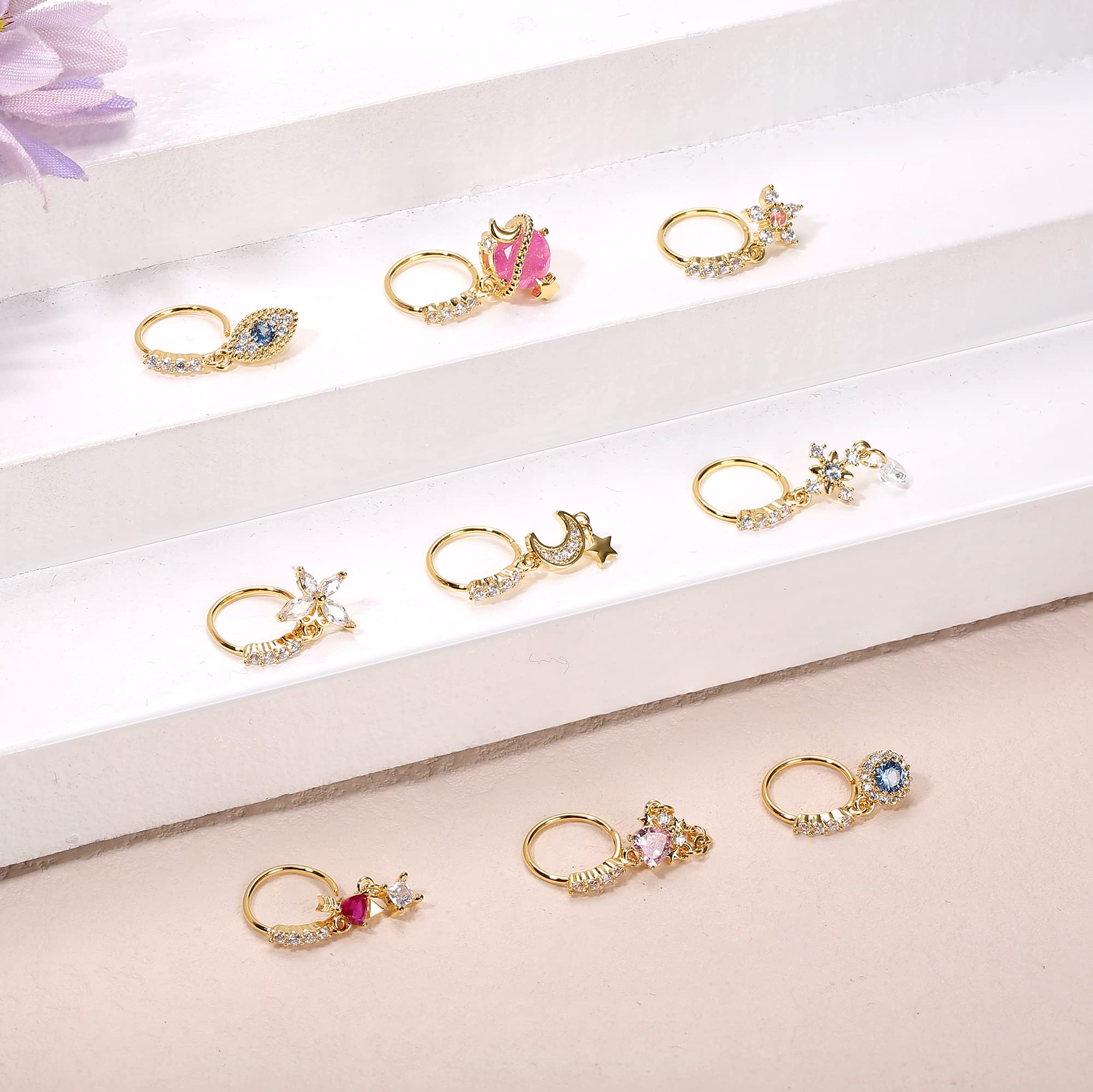 JOERICA 9 Pcs 20G Dangle Nose Rings Hoops for Women Butterfly Heart Arrow Evil Eye Moon Star CZ Dangle Nose Rings Cartilage Earring Dangling Nose Piercing Jewelry