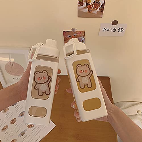 JQWSVE Kawaii Bear Water Bottle with Straw and Sticker, 24 oz Portable Square Drinking Bottle