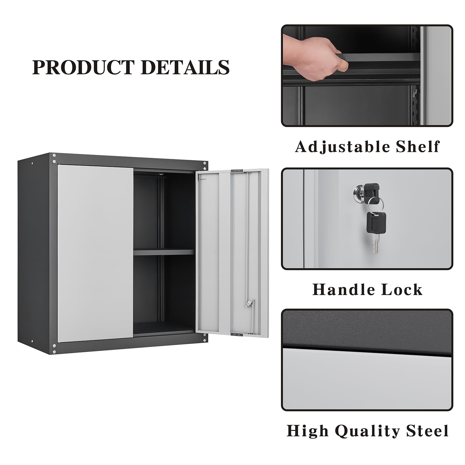 GREATMEET Metal Wall Cabinet, Wall Mounted Cabinet with Doors and Adjustable Shelf, Metal Storage Cabinet with Lock, Wall Cabinet for Garage, Pantry, Utility Room, White