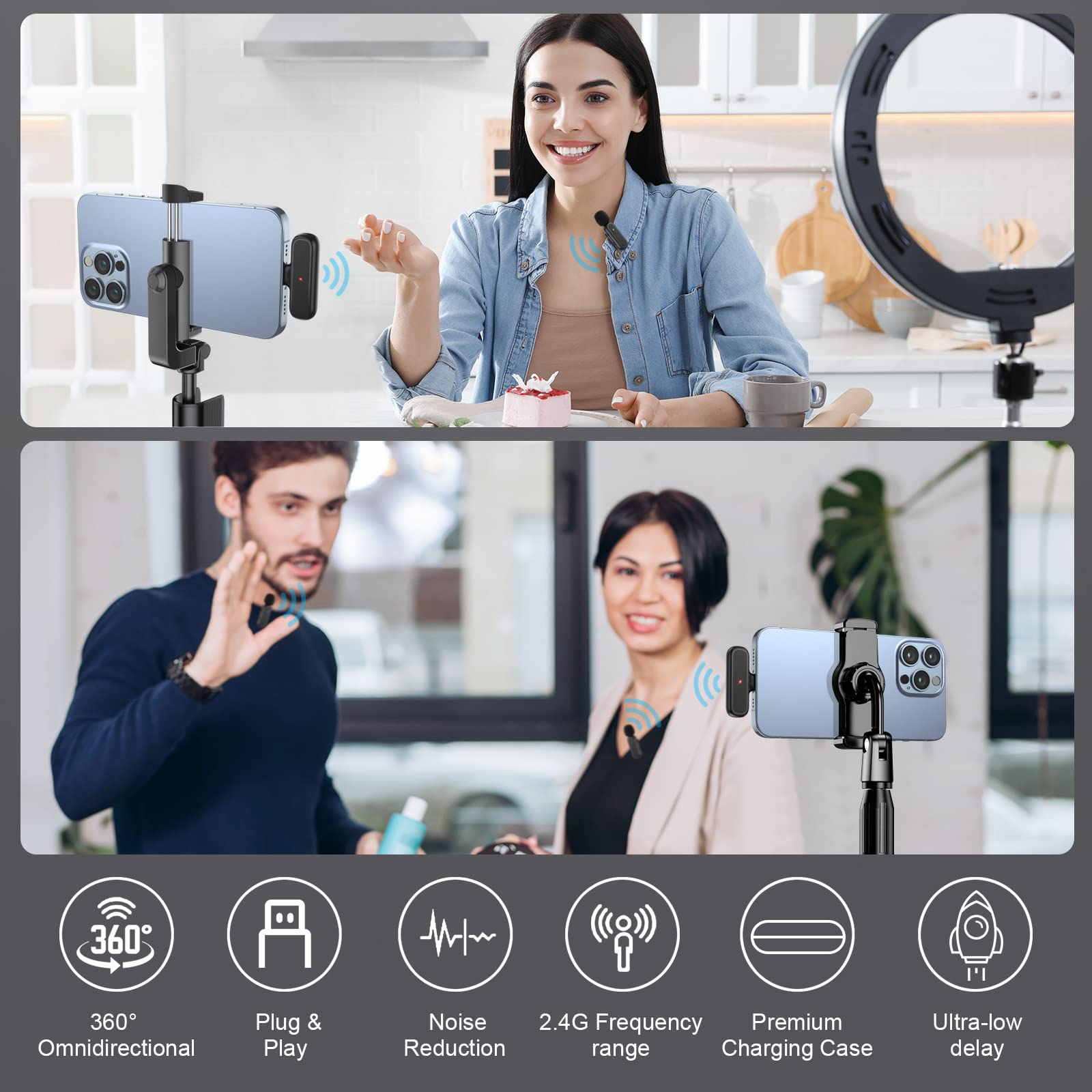Hiievpu Wireless Microphone for iPhone & iPad, Professional and Portable Wireless Lavalier Lapel Microphone with Charging Case, Low Latency and Long Battery Life, Suitable for Vlog, TikTok (Two Mic)