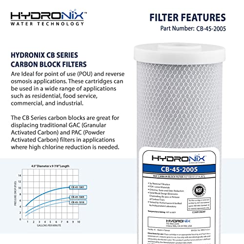 Hydronix CB-45-2005 Whole House, Commercial & Industrial NSF Coconut Carbon Block Water Filter, 4.5" x 20" - 5 Micron