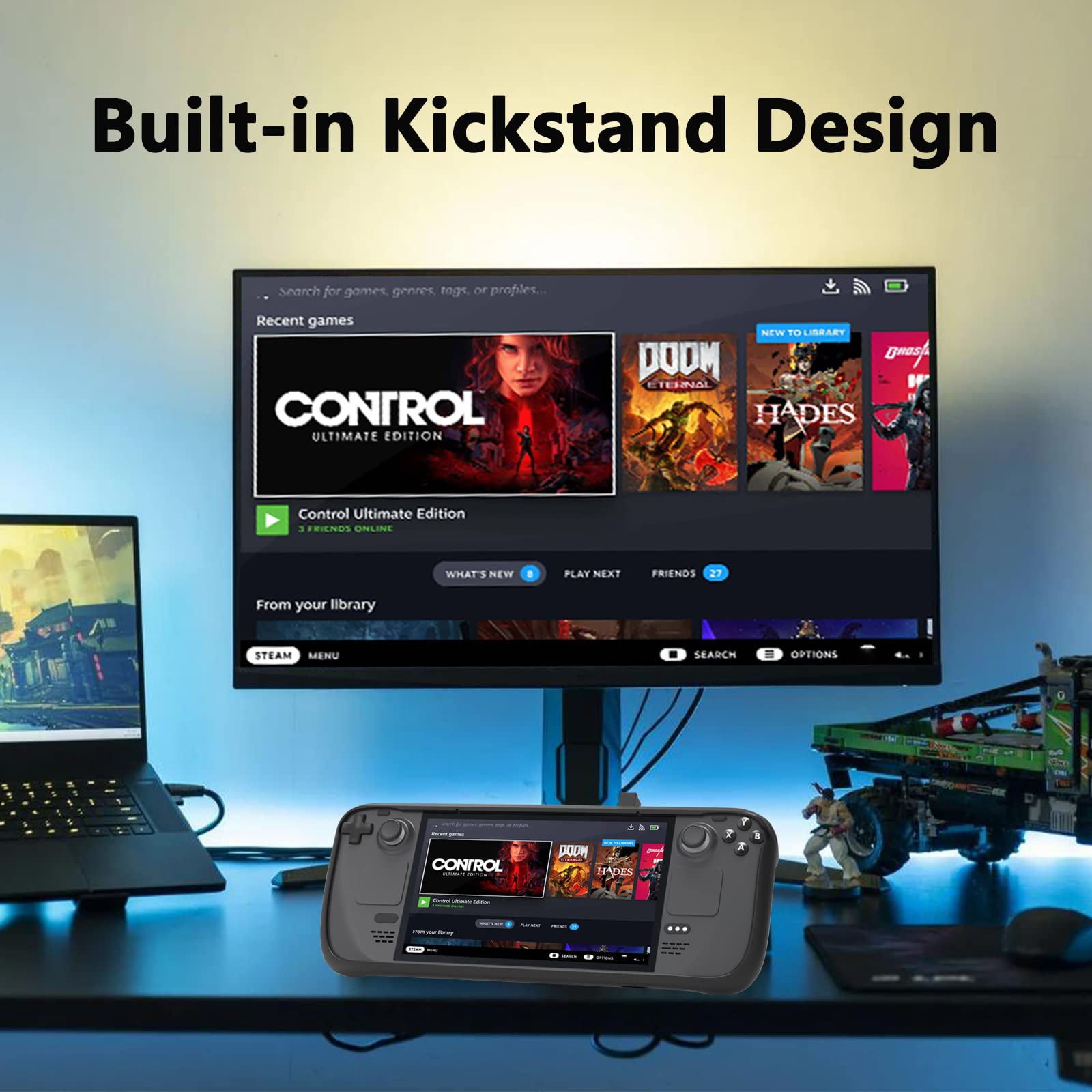 KUNSLUCK Protective Case for Steam Deck, TPU Protective Cover Case with Kickstand and 6 Pcs Protective Skin Compatible with Steam Deck, Shock-Absorption Non-Slip Anti-Scratch Design (Black