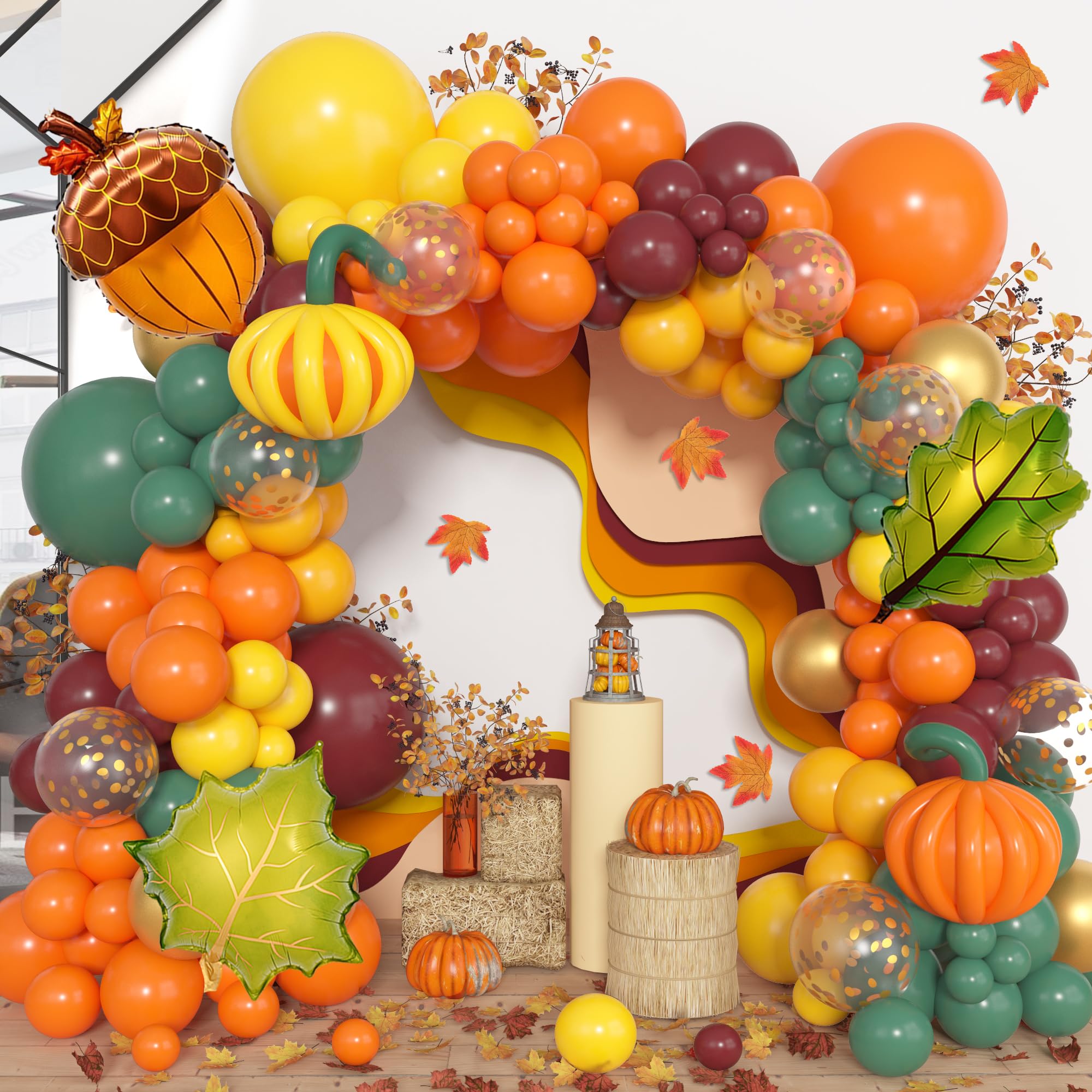 Ouddy Life 196 Pcs Fall Balloons Arch Garland Kit, Fall Party Decorations Orange Green Yellow Burgundy Maple Leaves Pinecone for Autumn Friendsgiving Thanksgiving Little Pumpkin Baby Shower Decor