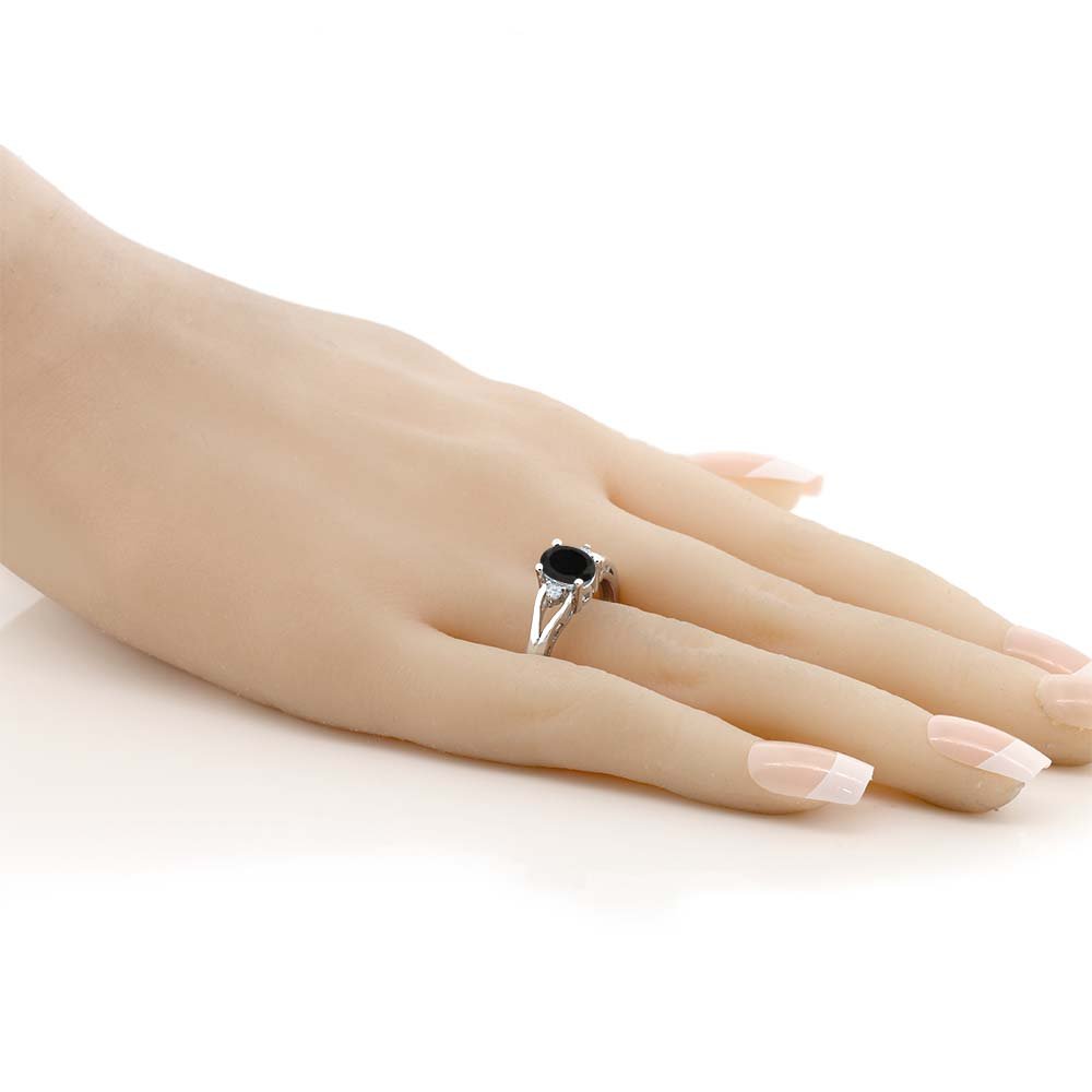 Gem Stone King 925 Sterling Silver Black Onyx 3 Stone Engagement Ring For Women | 1.31 Cttw | Oval 8X6MM | Round 2MM | Gemstone Birthstone | Available in Size 5,6,7,8,9
