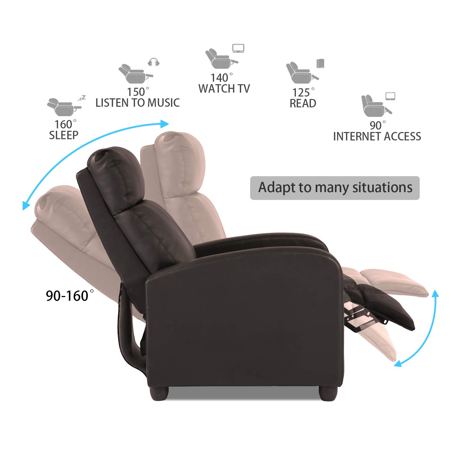 HCB Recliner Chair for Living Room Furniture Home Theater Seating Glider Chairs Modern Wingback Single Sofa PU Leather with Footrest (Brown)