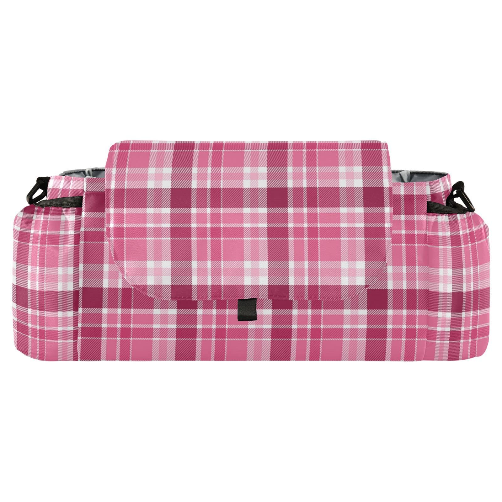 Kigai Pink Buffalo Plaid Baby Stroller Organizer with Cup Holders, Secure Hooks Accessories Adjustable Strap Stroller Bag for Bottle, Diaper, Phone, Toys, Baby Items