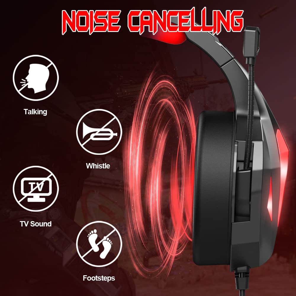 HIOEPR Gaming Headset, J5 Gaming Headphones with Microphone for PC Laptop, 50mm Drivers Over Ear Headphones for PS4PS5 Xbox One S Mac, Surround Stereo, LED Light, 3.5mm Audio Jack, Volume Control, Red