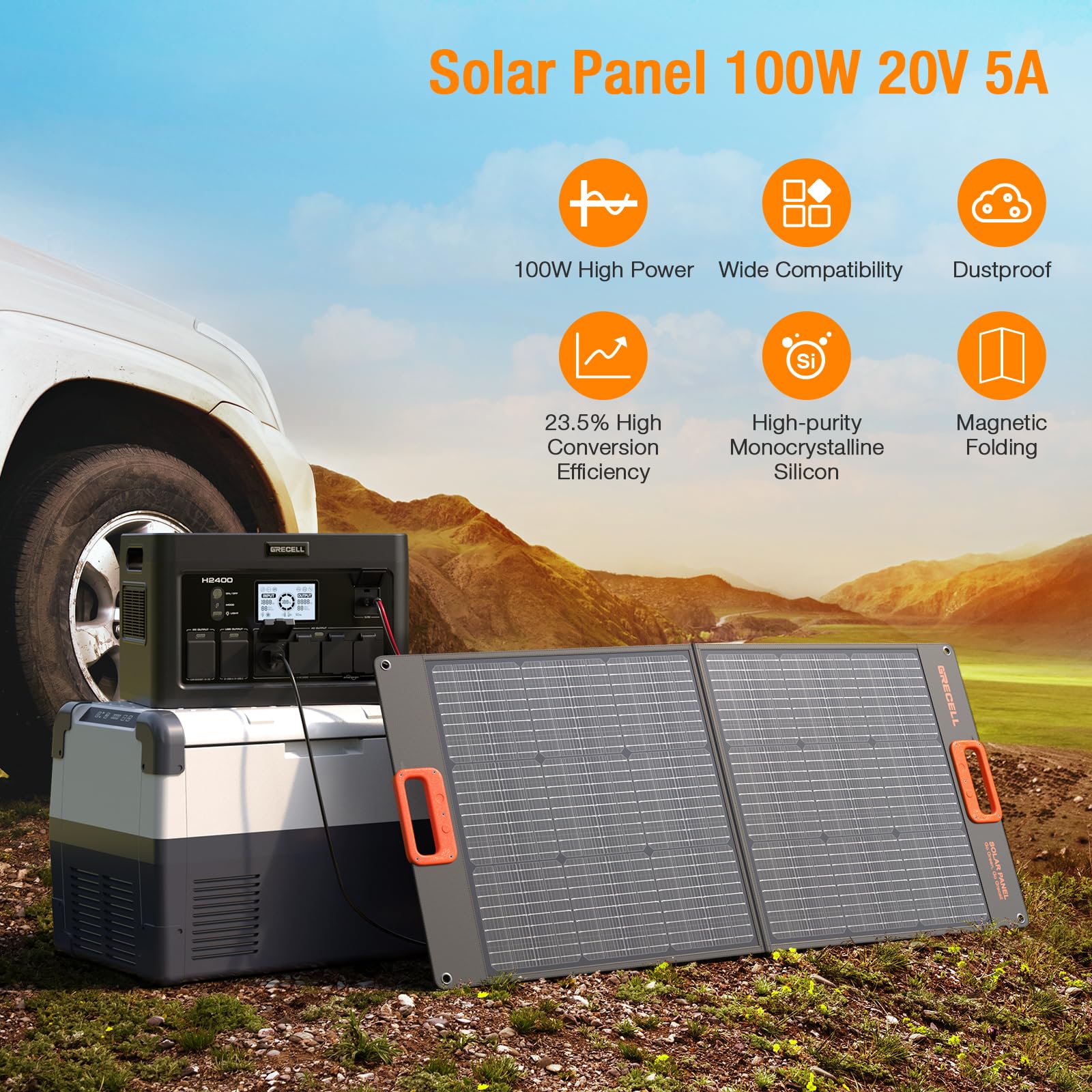 GRECELL Portable Power Station 2400W Solar Generator with 2 * 100W Solar Panel, 1843Wh UPS Backup LiFePO4 Battery Power Supply with 11 Outlets(4 2400W AC Outlets,2 PD100W) for Home CPAP Camping RV