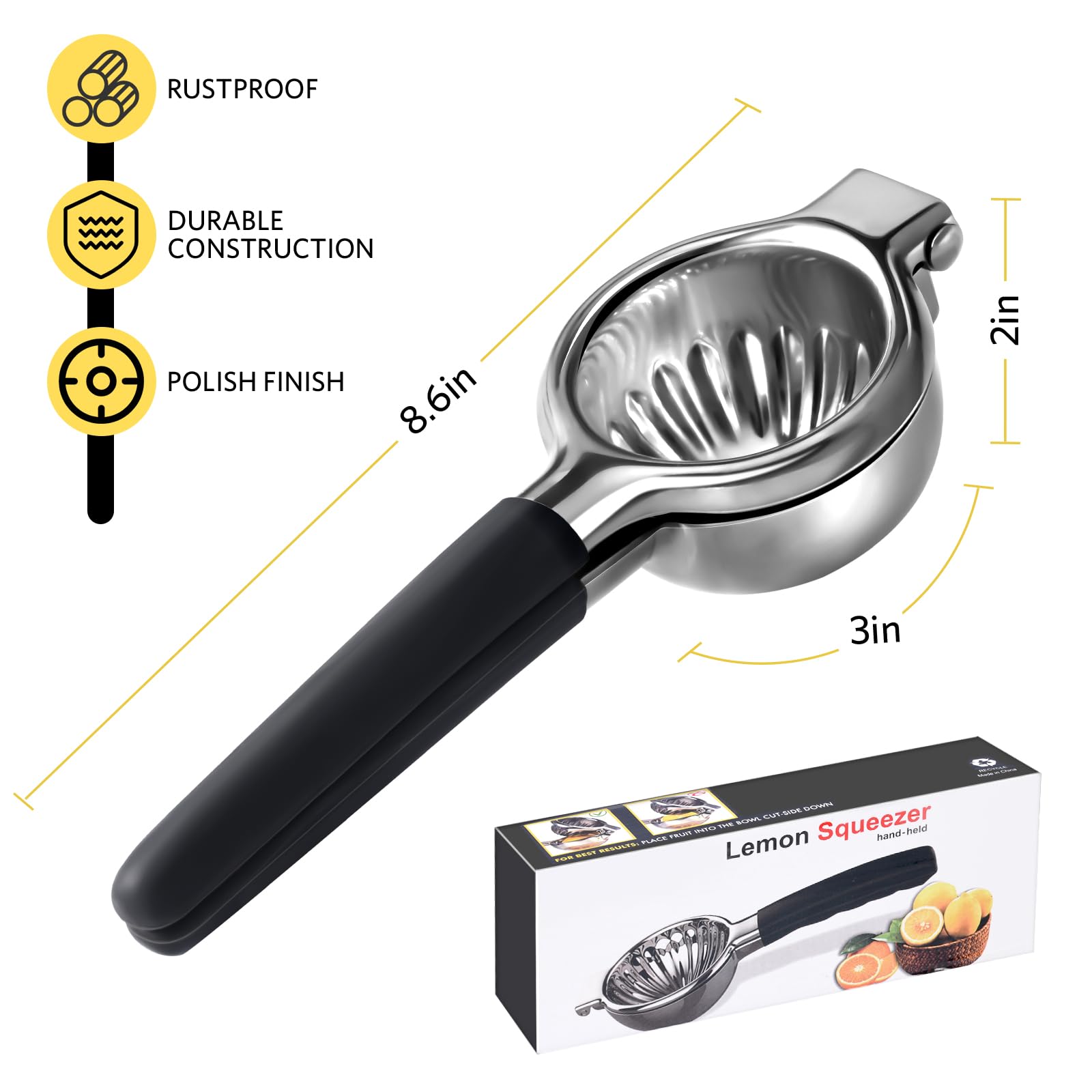 Lemon Squeezer, Sopito Stainless Steel Citrus Press Juicer Heavy Duty with Large Metal Squeezer Bowl for Seedless Juicing, Non-Slip Grip Design Manual Juicer