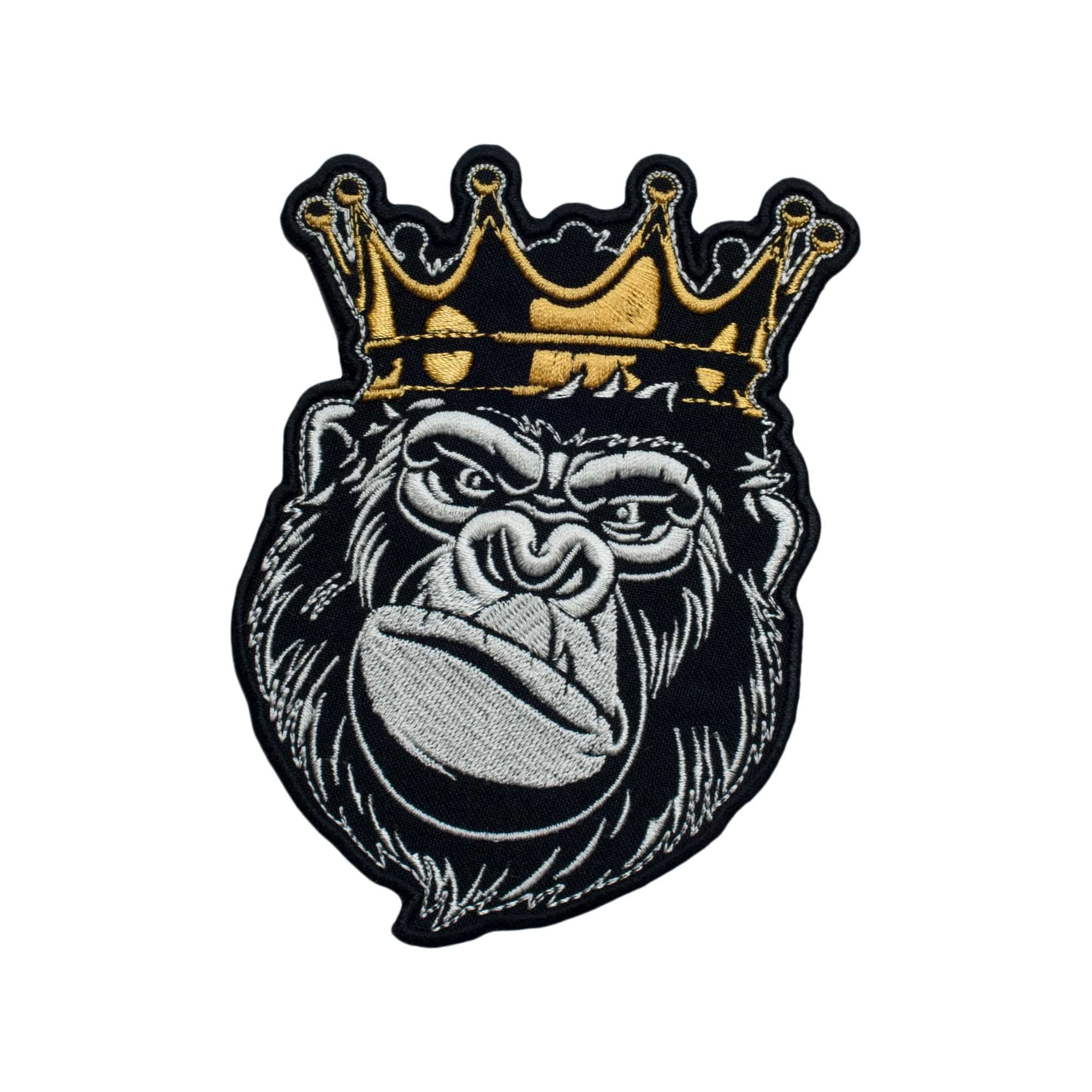 Gorilla King with Gold Crown Embroidered Patch. Iron On. Size: 5.5 X 4 inches.
