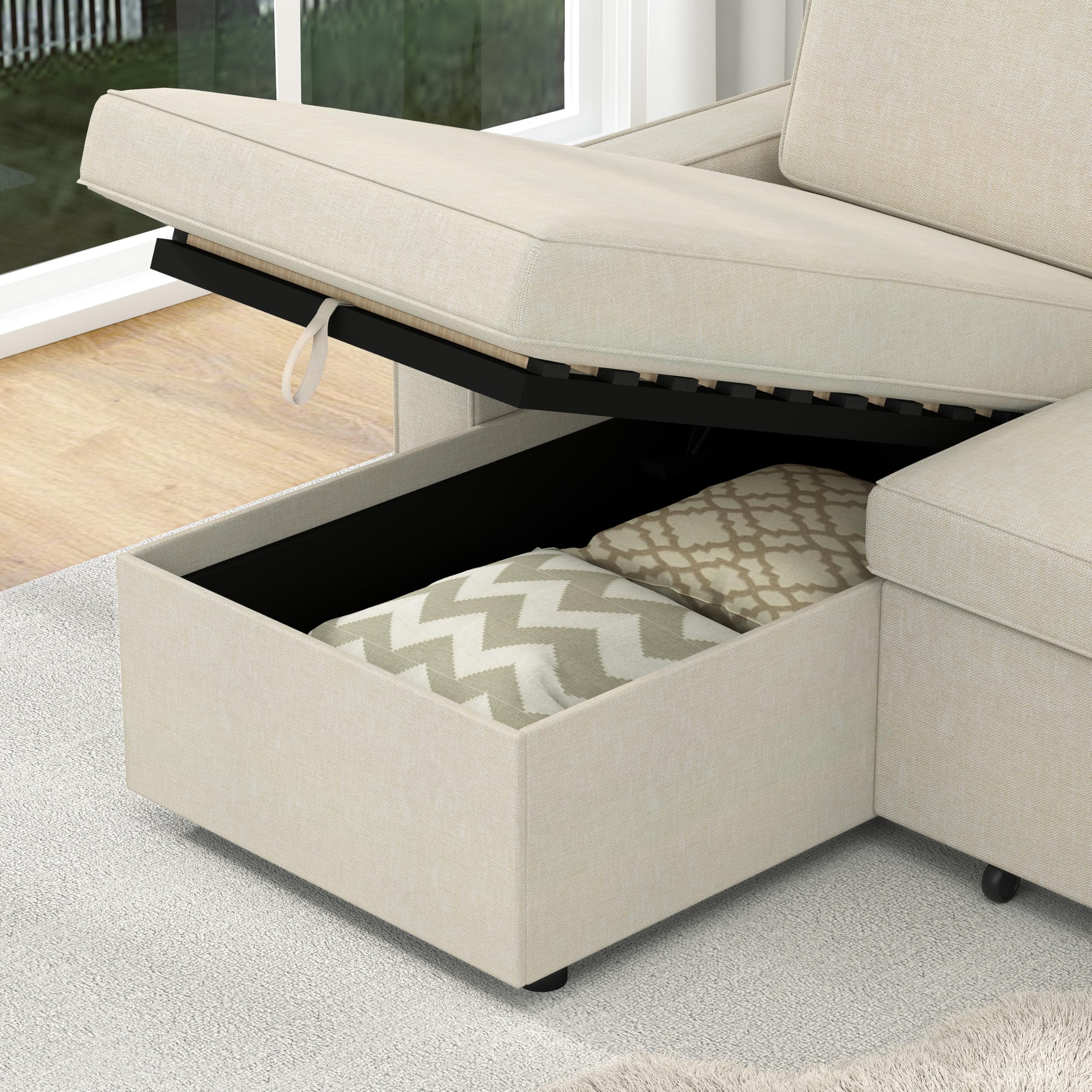 ONEMMLION Convertible Sleeper Sofa Couch with Pullout Bed, 85.8" Reversible Sectional Sofa Bed with Storage Chaise&Storage Racks, 3 Seat L-Shape Pull Out Couch with USB Charge Ports(Beige)