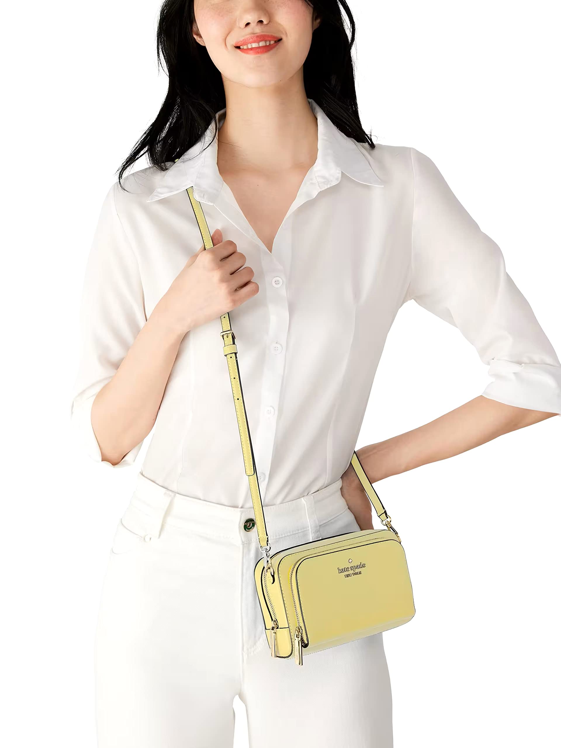 Kate Spade Staci Dual Zip Around Saffiano Leather Crossbody Bag Purse Handbag (Lemon Fondant)