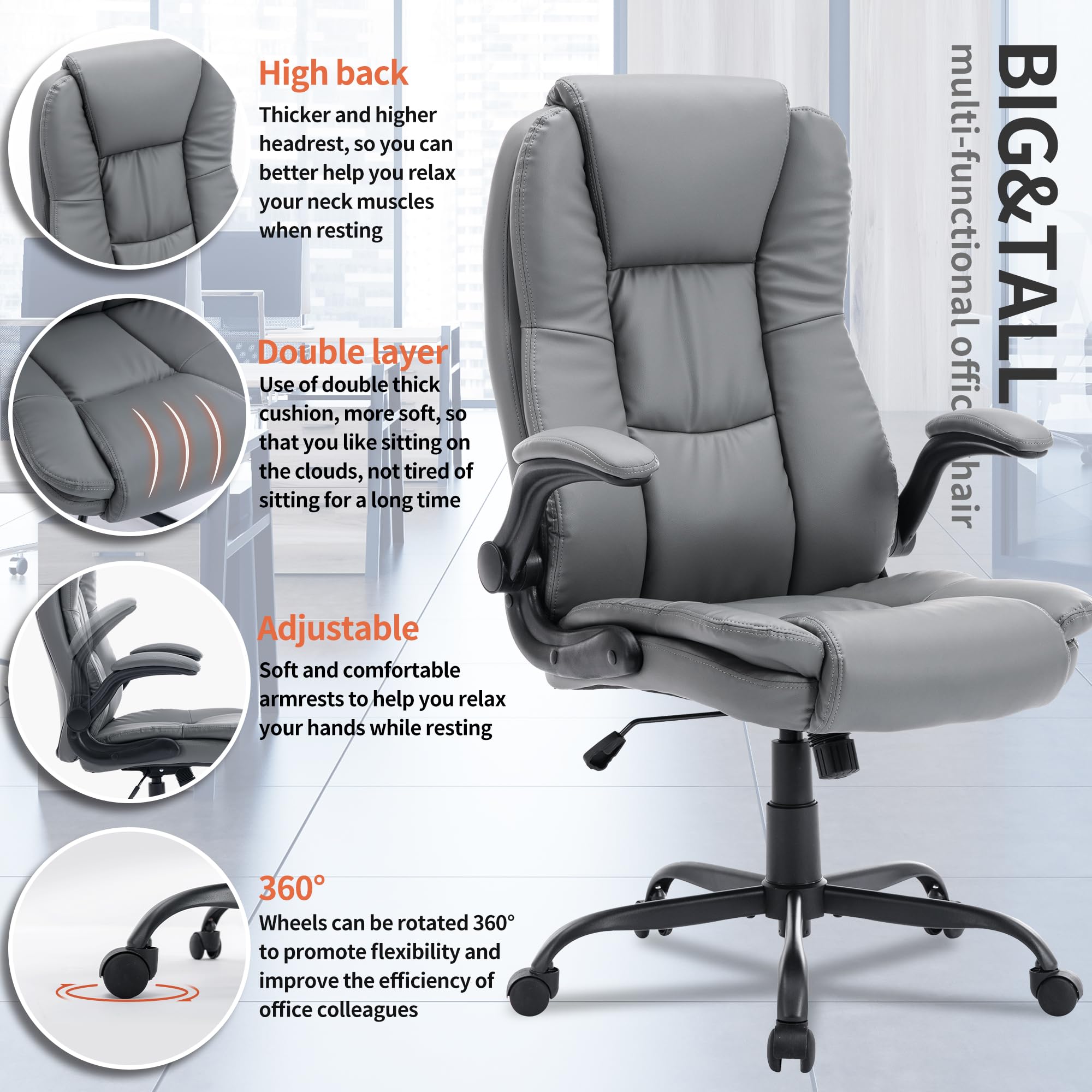 High Back Office Chair, Leather Executive Office Chair, Ergonomic Home Office Desk Chair with Flip-up Arms and Back Support,Comfortable Computer Desk Chairs with Wheels