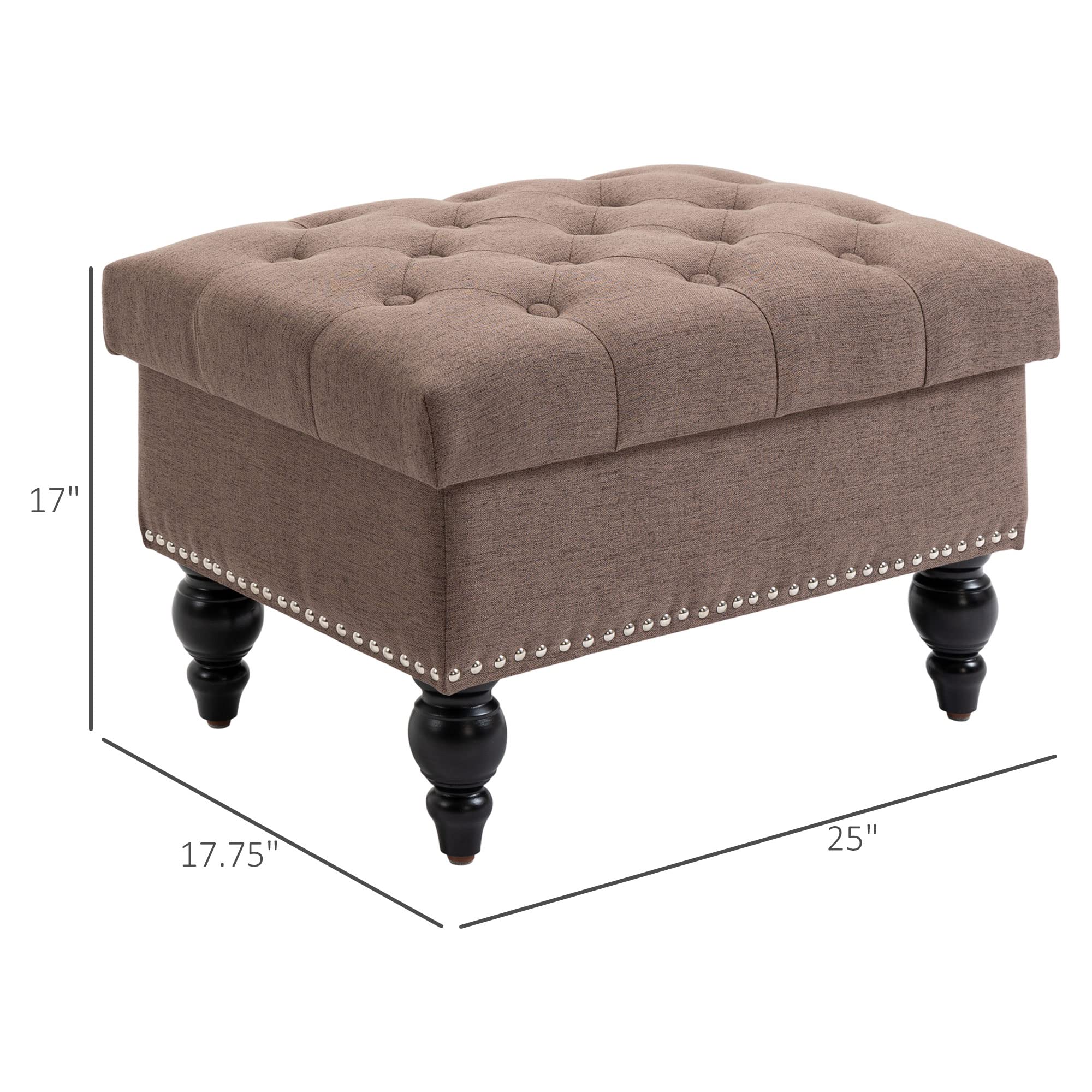HOMCOM Ottoman with Storage for Living Room, 25" Storage Ottoman with Removable Lid, Button-Tufted Fabric Bench for Footrest and Seat with Wood Legs, Blue