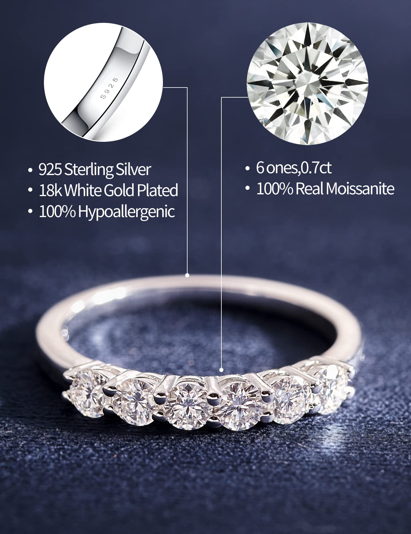 IMOLOVE 6 Stones Moissanite Eternity Band Ring for Women, Sterling Silver with 14K White Gold Plated, Size 4-11, Ideal Gift for Valentine's Day, Engagement, Wedding, Anniversary