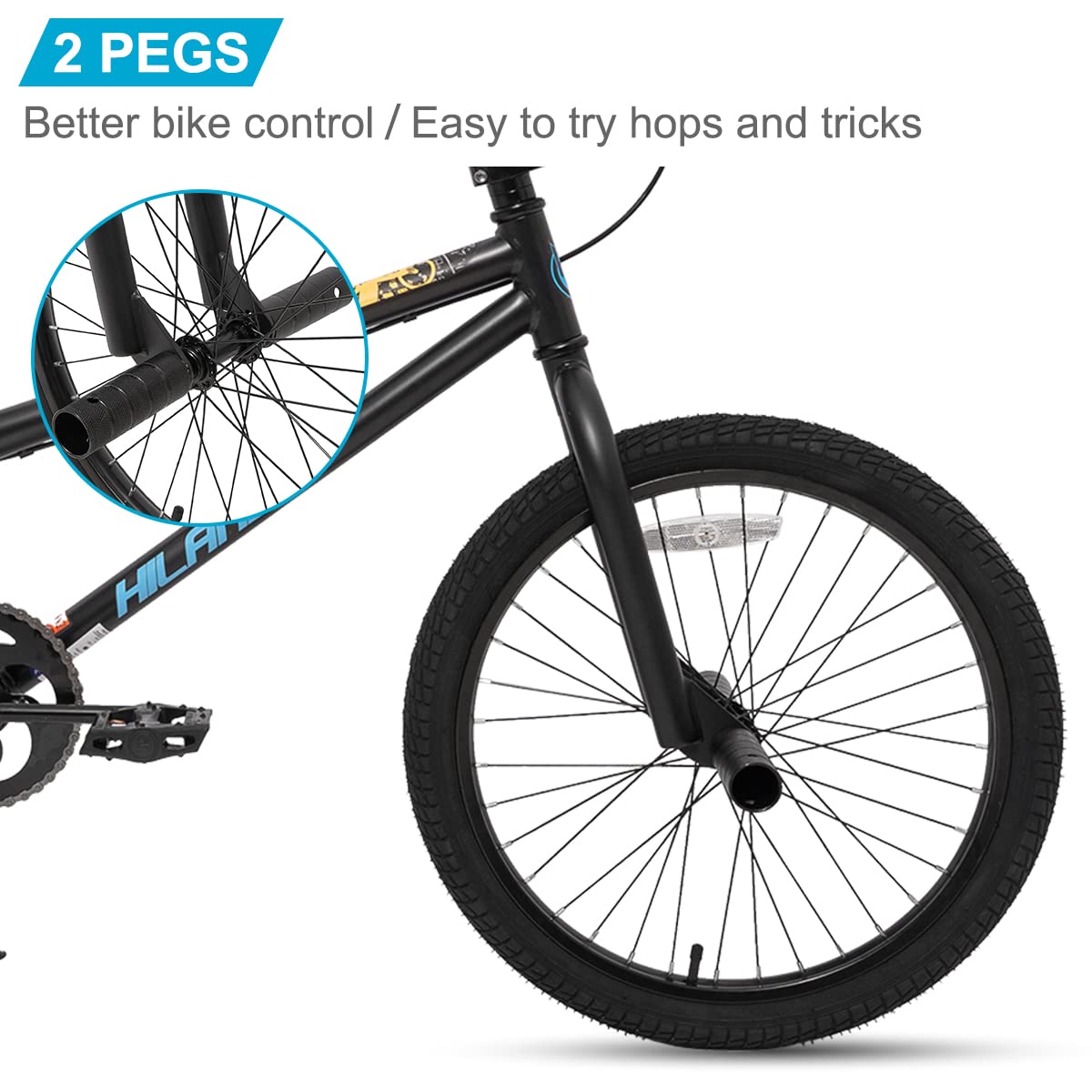 Hiland 20 inch BMX Bike for Kids and Beginner-Level to Advanced Riders with 2 Pegs Black