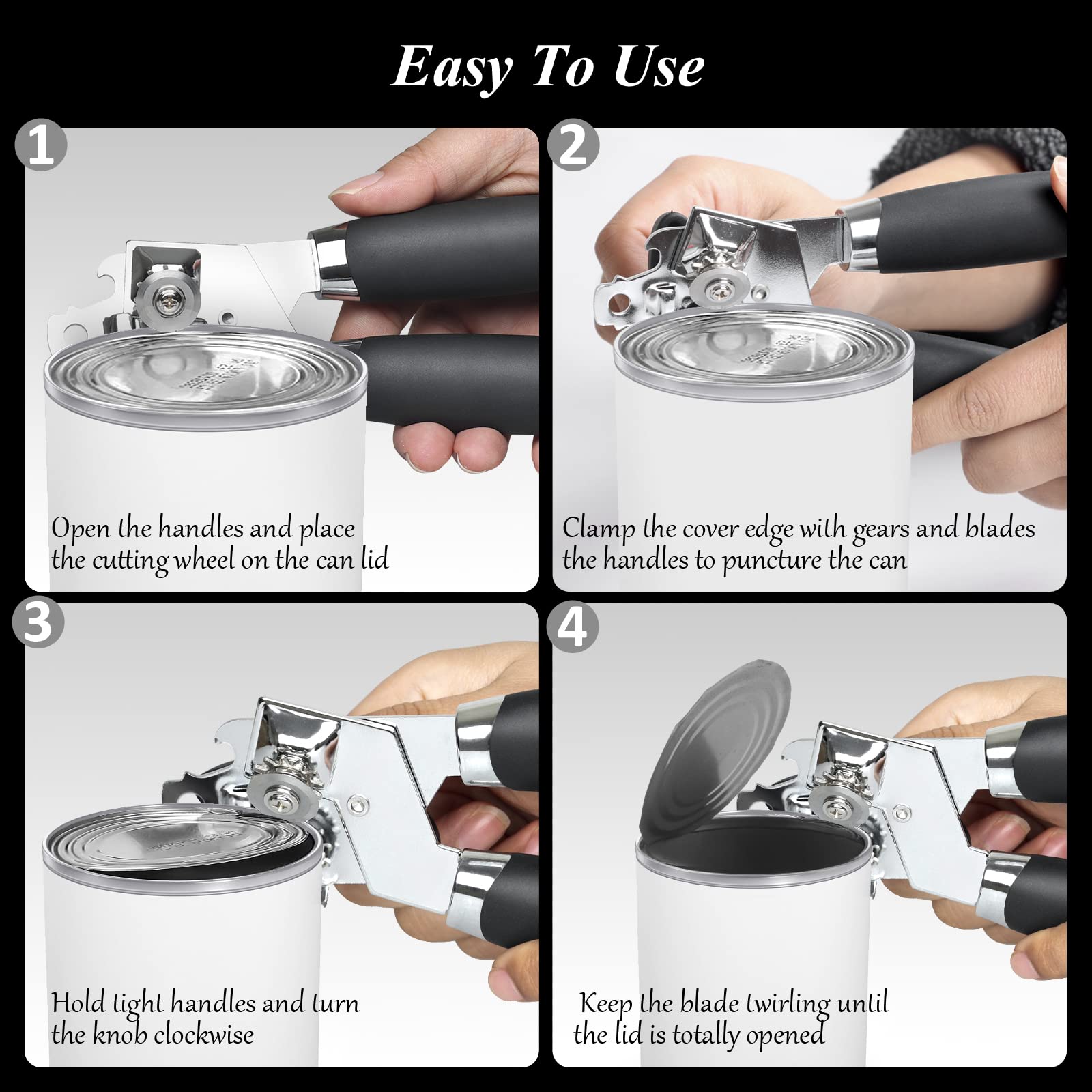Jiaying Can Opener with Oversized Turn Knob and easy to grip with Comfortable Soft Handle,The Manual Handheld Can Opener, Sharp Cutting Wheel Built-in Bottle OpenerāBlack