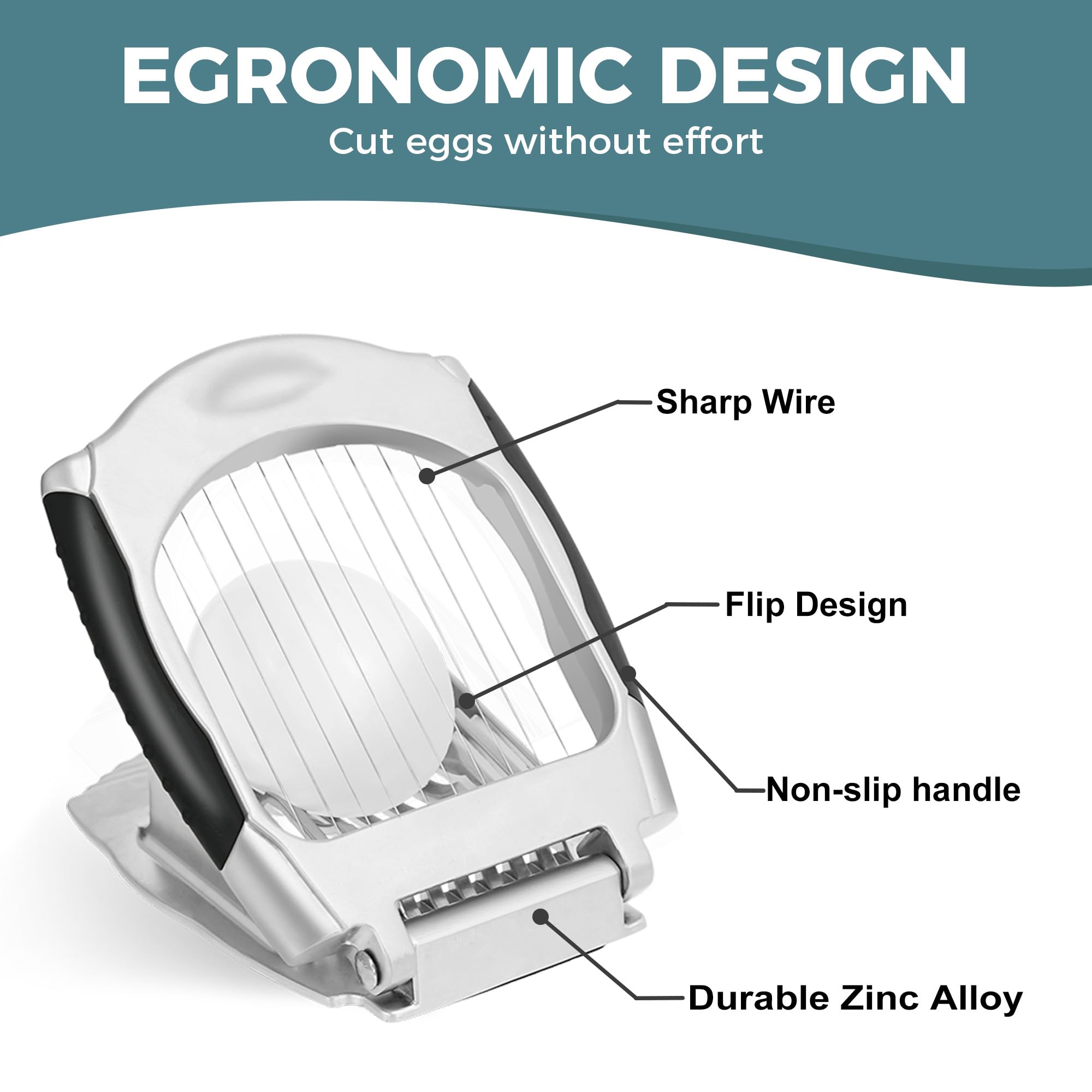 KITEXPERT Egg Slicer for Hard Boiled Eggs, Heavy Duty Egg Cutter with Stainless Steel Wire, Multipurpose Egg Dicer Chopper for Hard Boiled Eggs, Strawberry, Mushroom, and Soft Fruit- Zinc Alloy