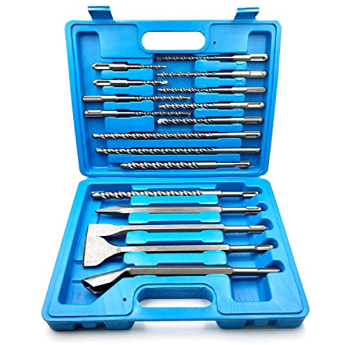 JFOGO Rotary Hammer Drill Bits Set & Chisels- 17 Pieces SDS Plus Concrete Masonry Hole Tool for Concrete,Brick,Block,Stone,Masonry